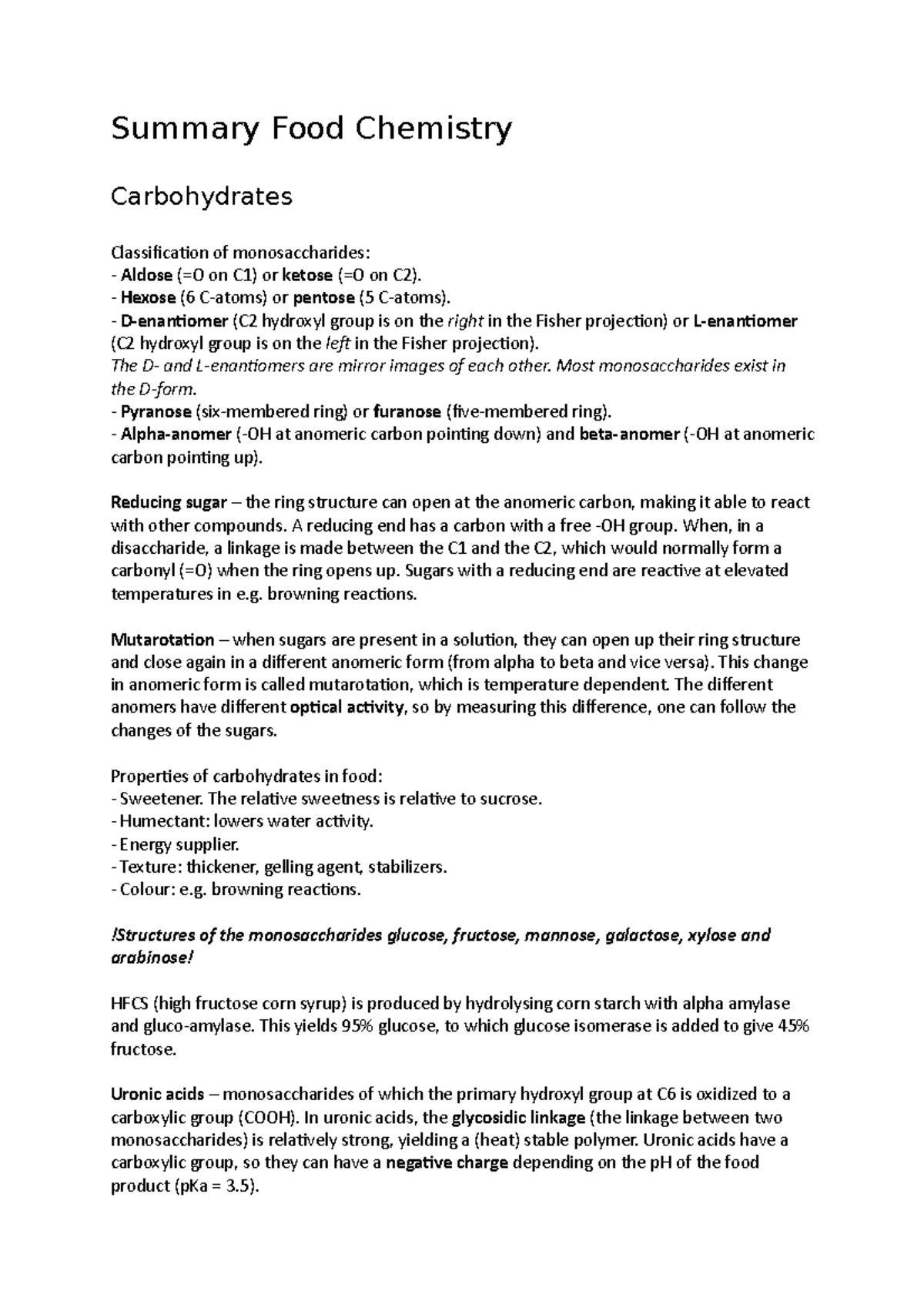Summary Food Chemistry Carbohydrates - Summary Food Chemistry ...