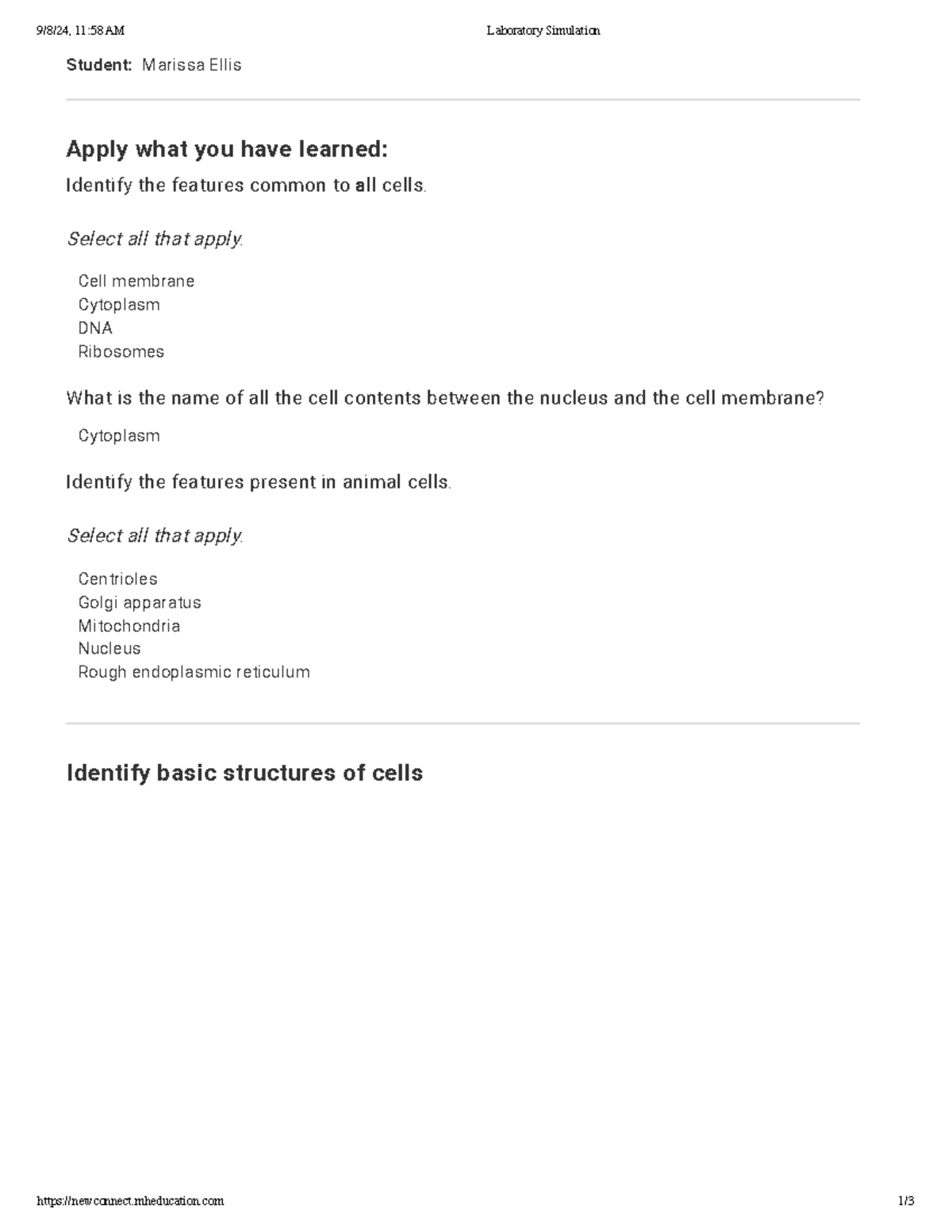 Microscopy Examining cell structure lab - Student: Marissa Ellis Apply ...