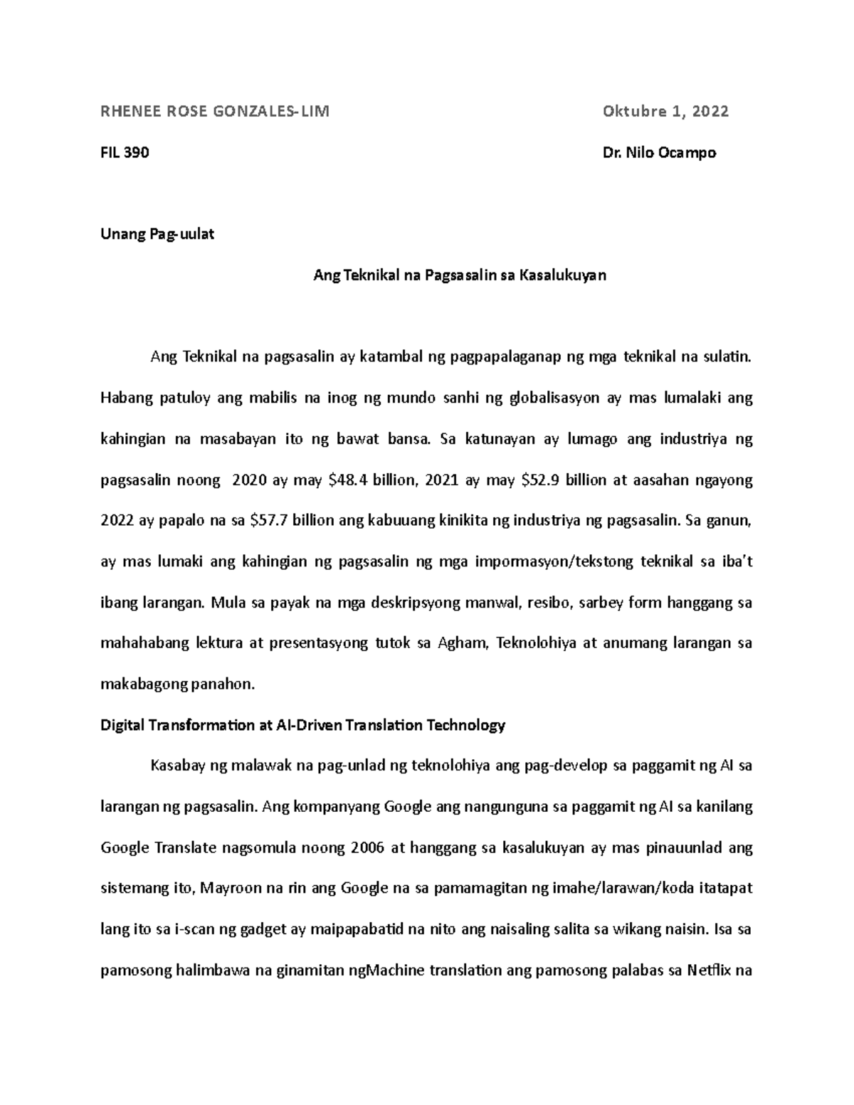 Teknikal na Pagsasalin sa kasalukuyan - RHENEE ROSE GONZALES-LIM ...