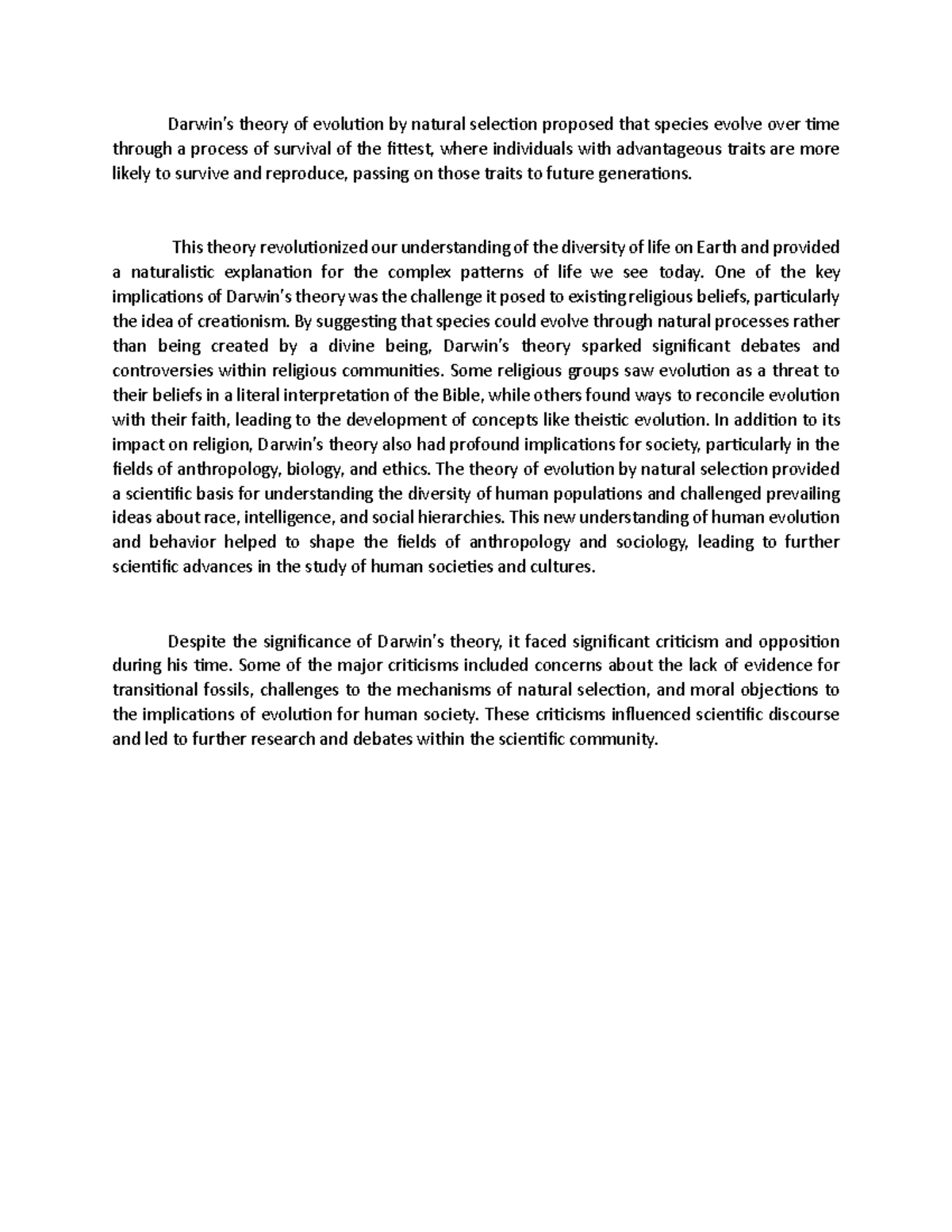 Exploring Evolution Essay - Darwin's theory of evolution by natural ...