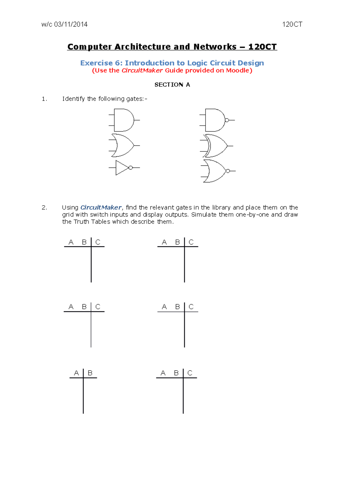 Exercise 6 Intro to Logic Ciruit Design - w/c 03/11/2014 120CT Computer ...