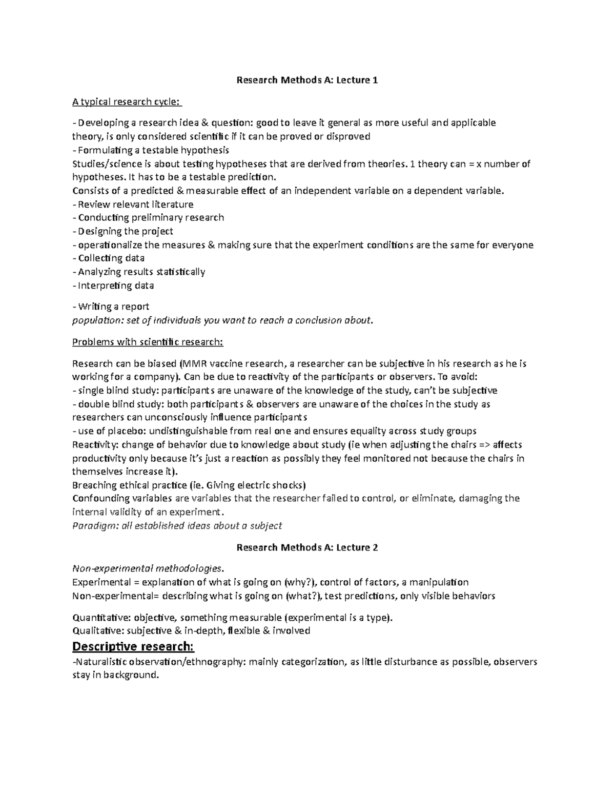 Research Methods A - Lecture notes 1-10 - Research Methods A: Lecture 1 ...