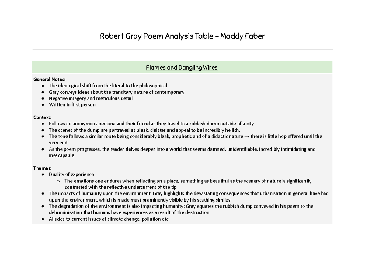 Robert Gray notes - Robert Gray Poem Analysis Table - Maddy Faber ...
