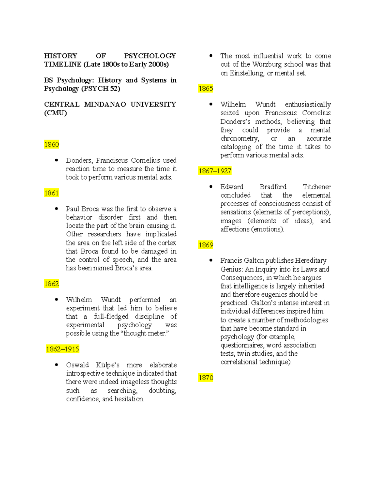 History of Psychology Timeline - HISTORY OF PSYCHOLOGY TIMELINE (Late ...
