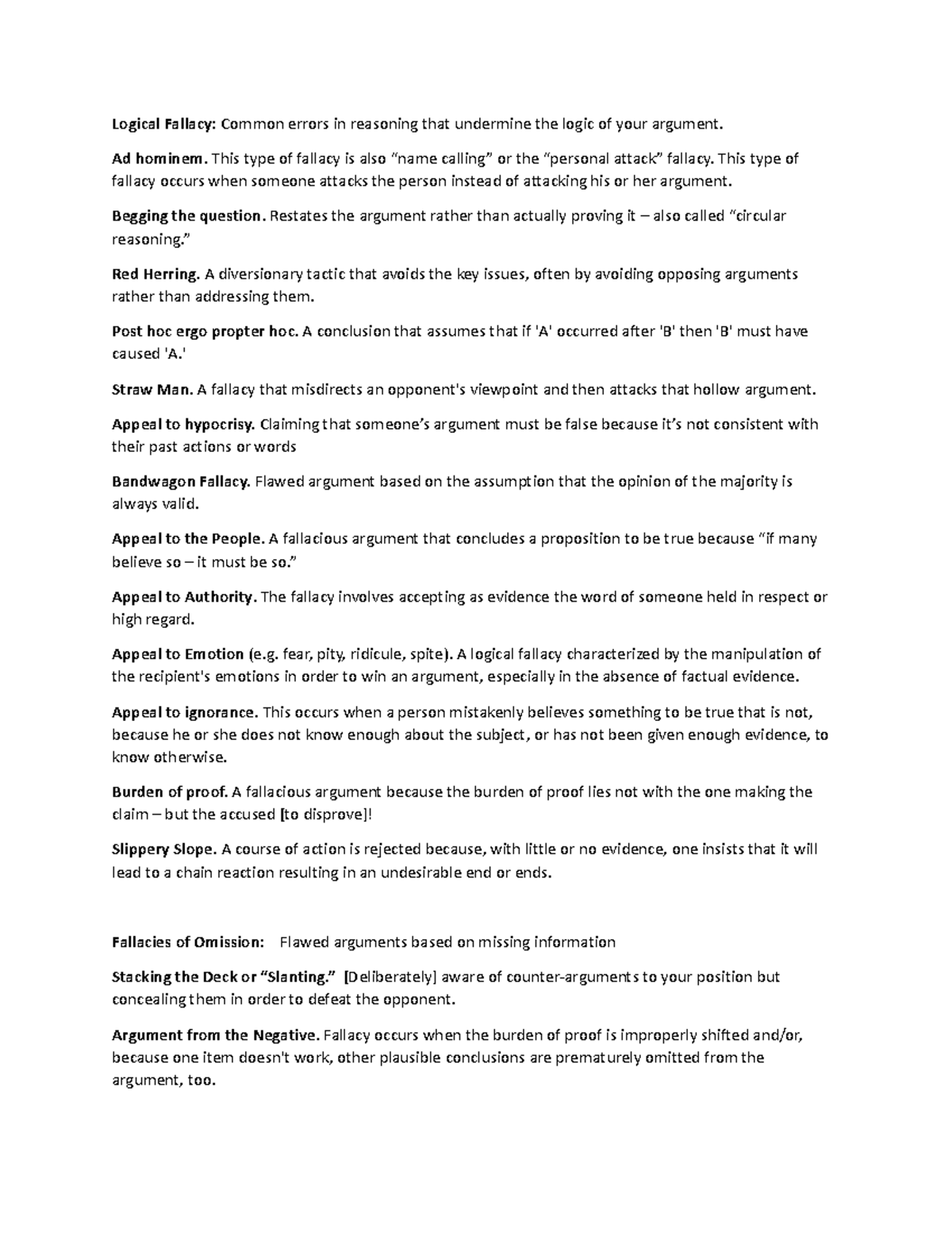 Logical Fallacies - Notes - Logical Fallacy: Common errors in reasoning ...