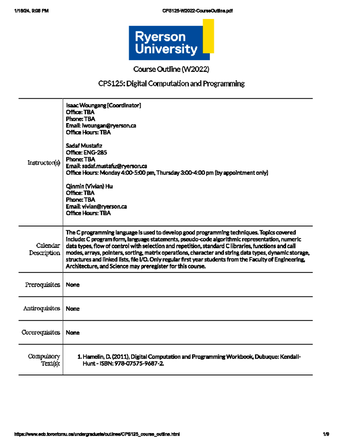 CPS 188 125 CO - course outline - Math1025 - Studocu