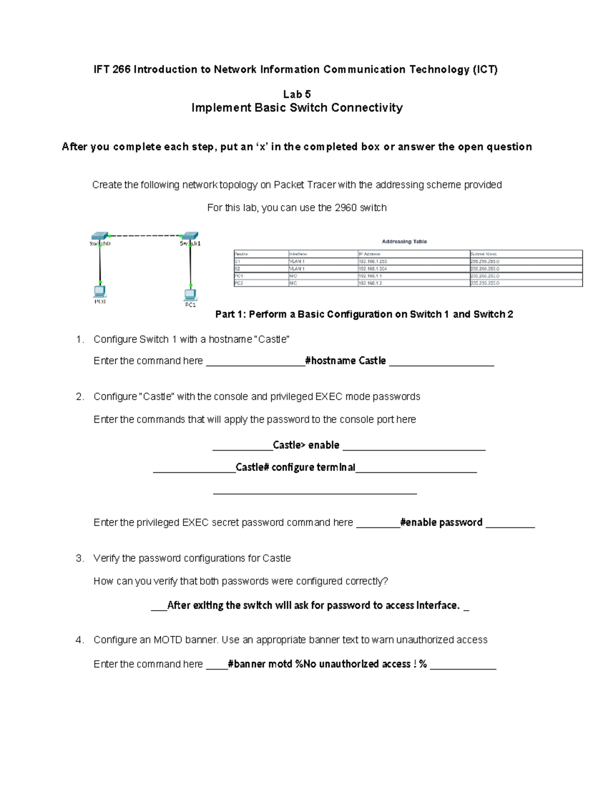 Lab 5 (Implement Basic Switch Connectivity) - IFT 266 Introduction to Network Information - Studocu