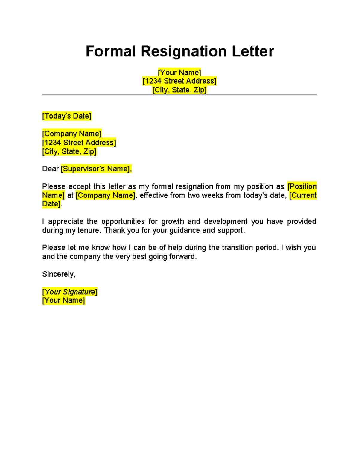 Formal-Resignation-Letter - Formal Resignation Letter [Your Name] [1234 ...