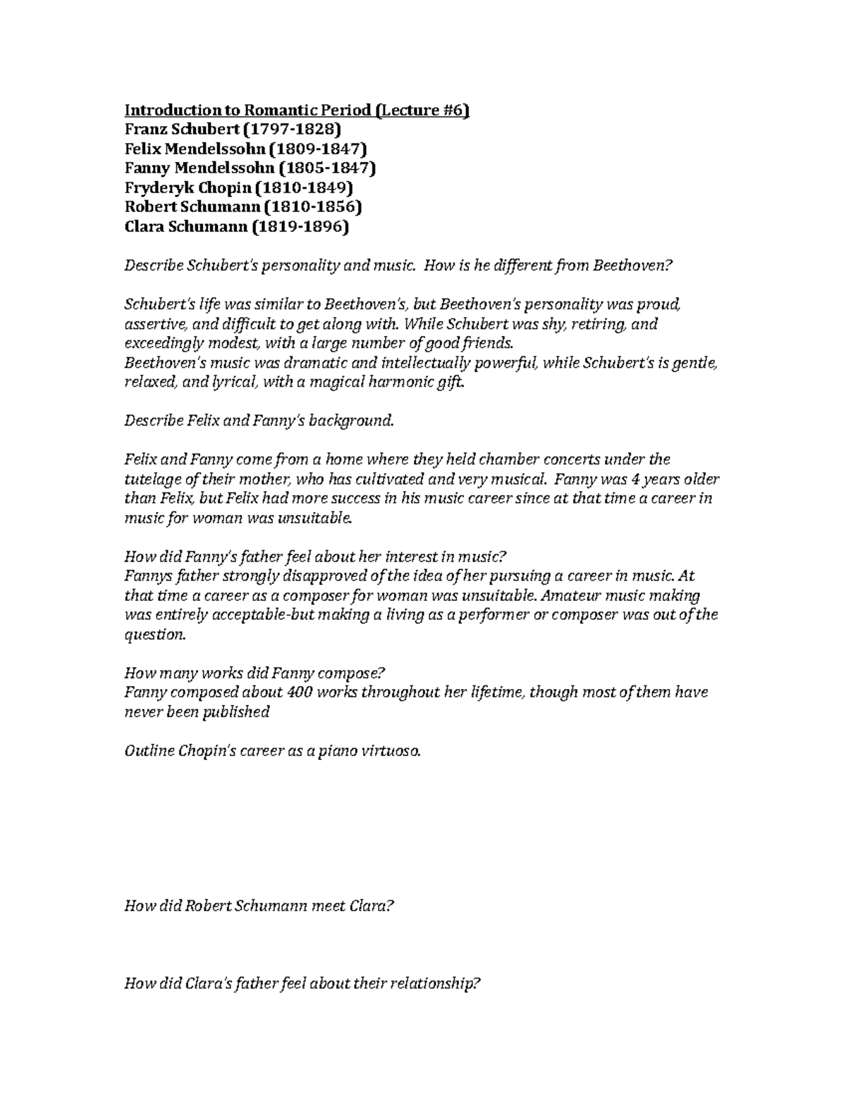 MUS201.Early Romantic worksheet - Introduction to Romantic Period ...