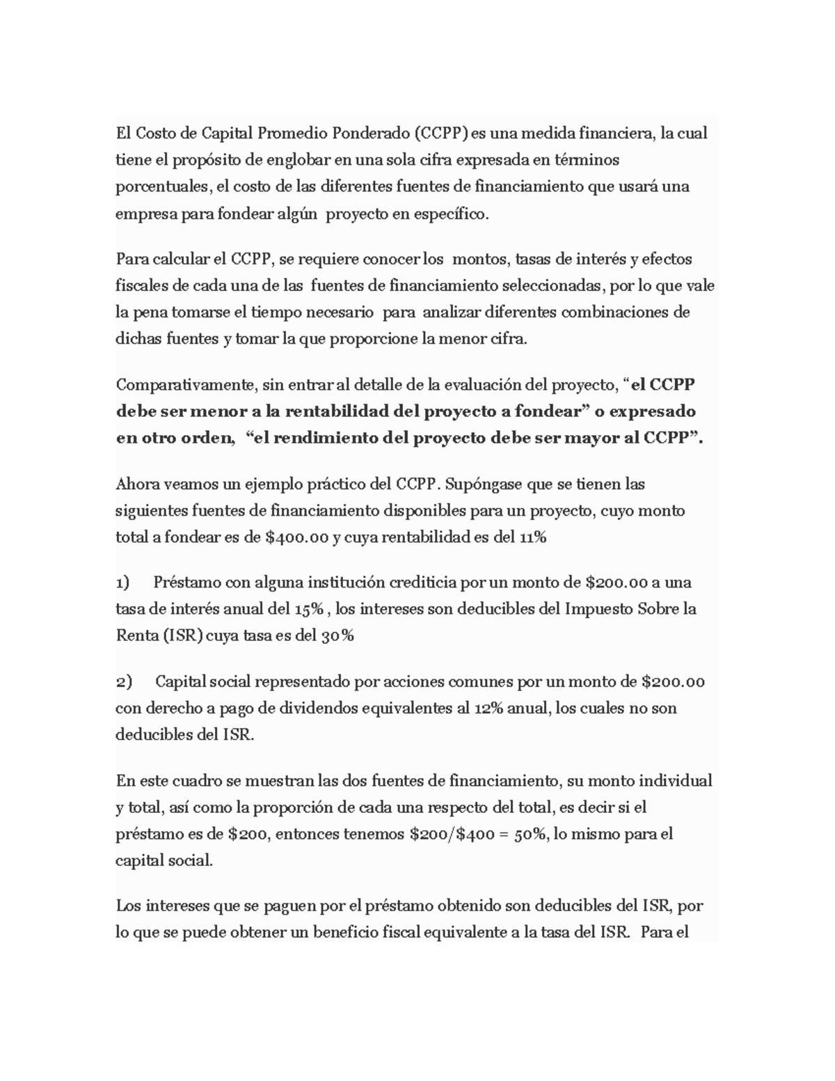 CCPP - TRABAJO - El Costo de Capital Promedio Ponderado (CCPP) es una ...