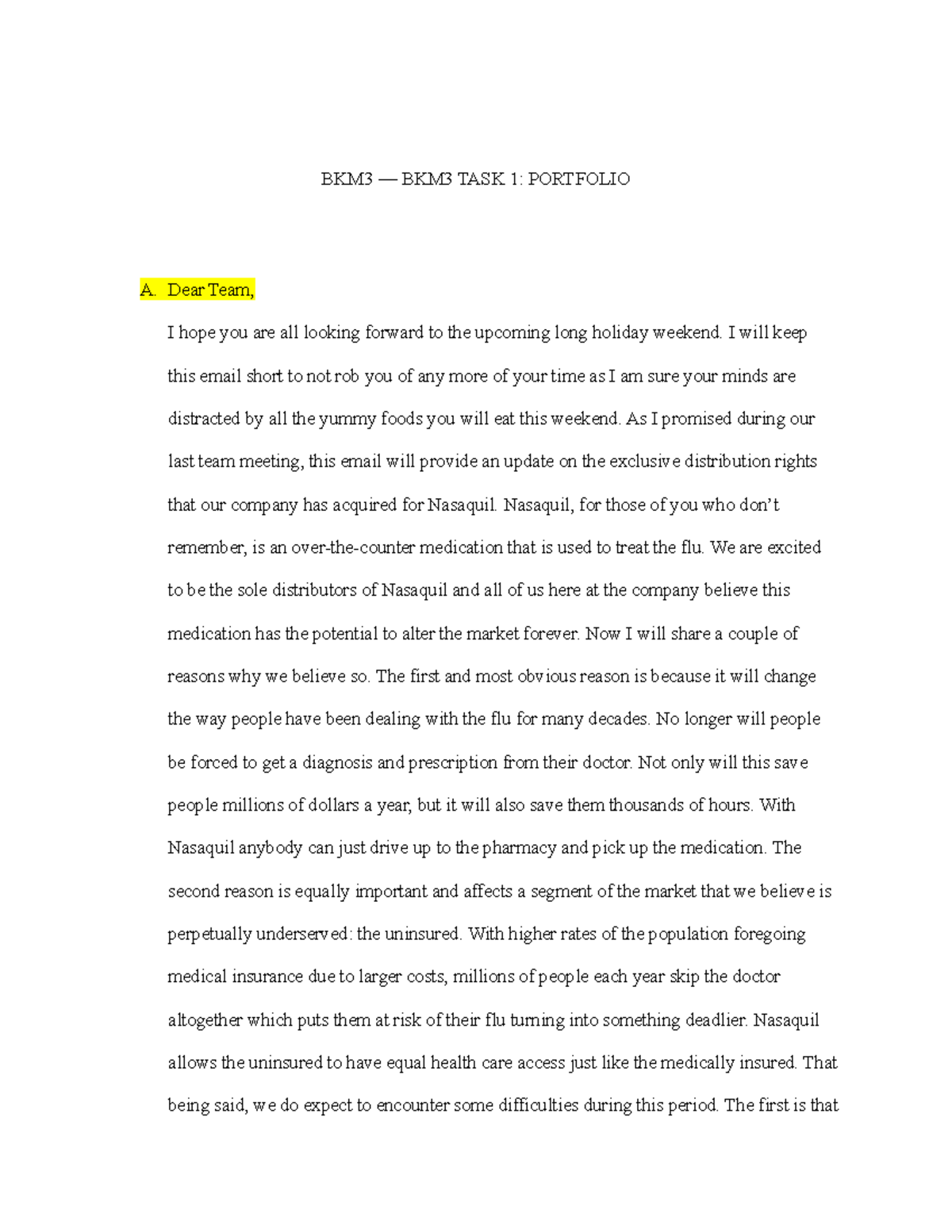 C204 task1 - assign - BKM3 — BKM3 TASK 1: PORTFOLIO A. Dear Team, I ...