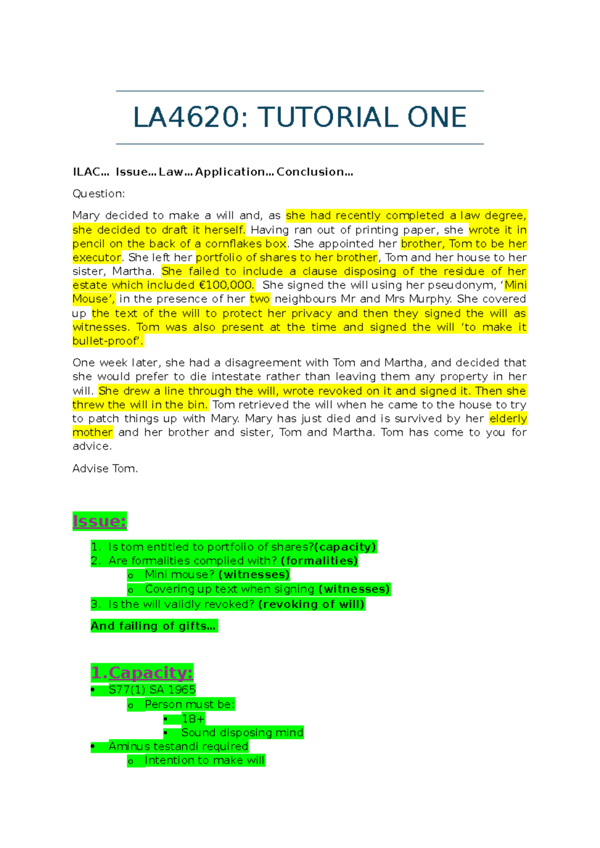 Succession Law Tutorial - LA4620: TUTORIAL ONE ILAC... Issue...Law ...