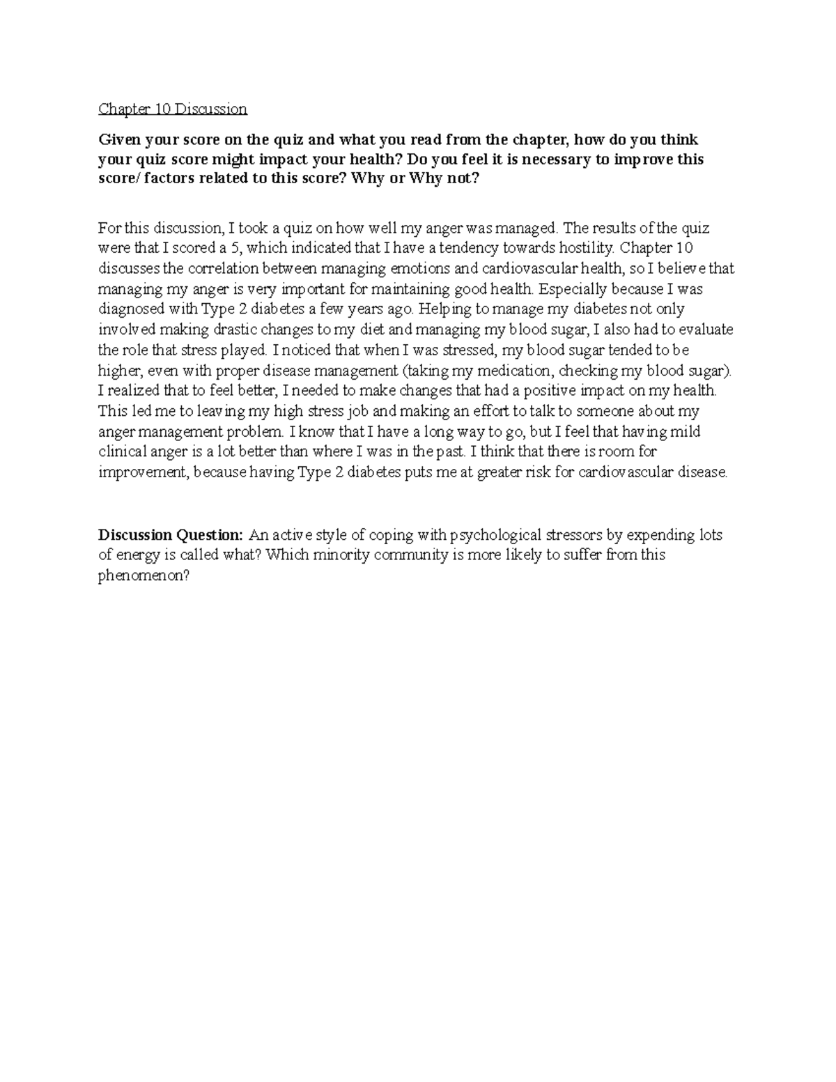 Chapter 10 Discussion - Chapter 10 Discussion Given your score on the ...