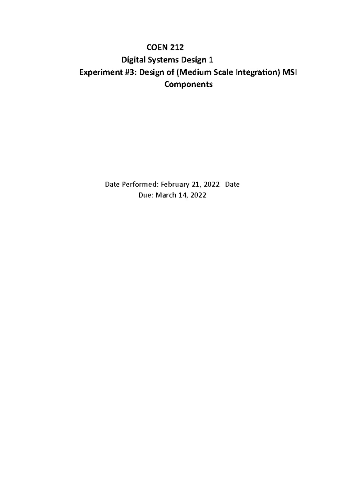 Lab 3 - Lab 3 Report - COEN 212 Digital Systems Design 1 Experiment #3 ...