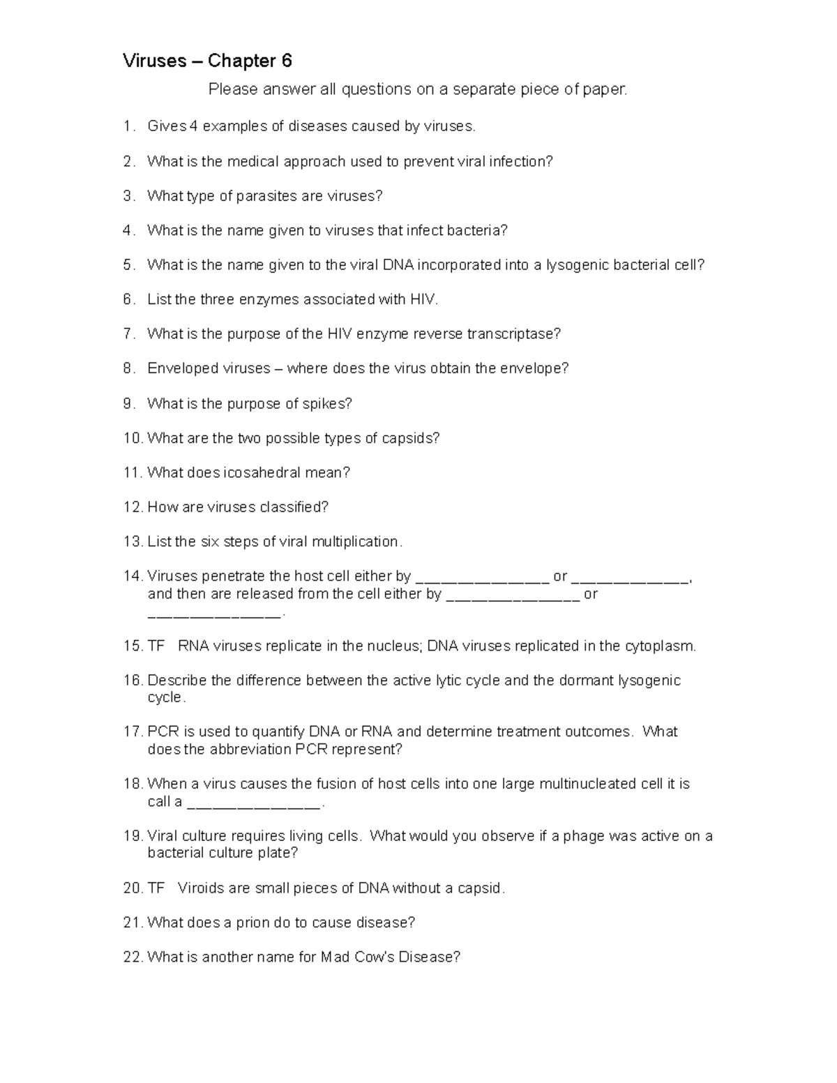 Virus Activity Assignment - Viruses – Chapter 6 Please answer all ...