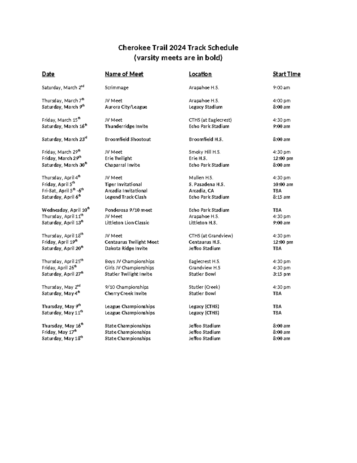 CTHS 2024 Track Schedule - Cherokee Trail 2024 Track Schedule (varsity ...