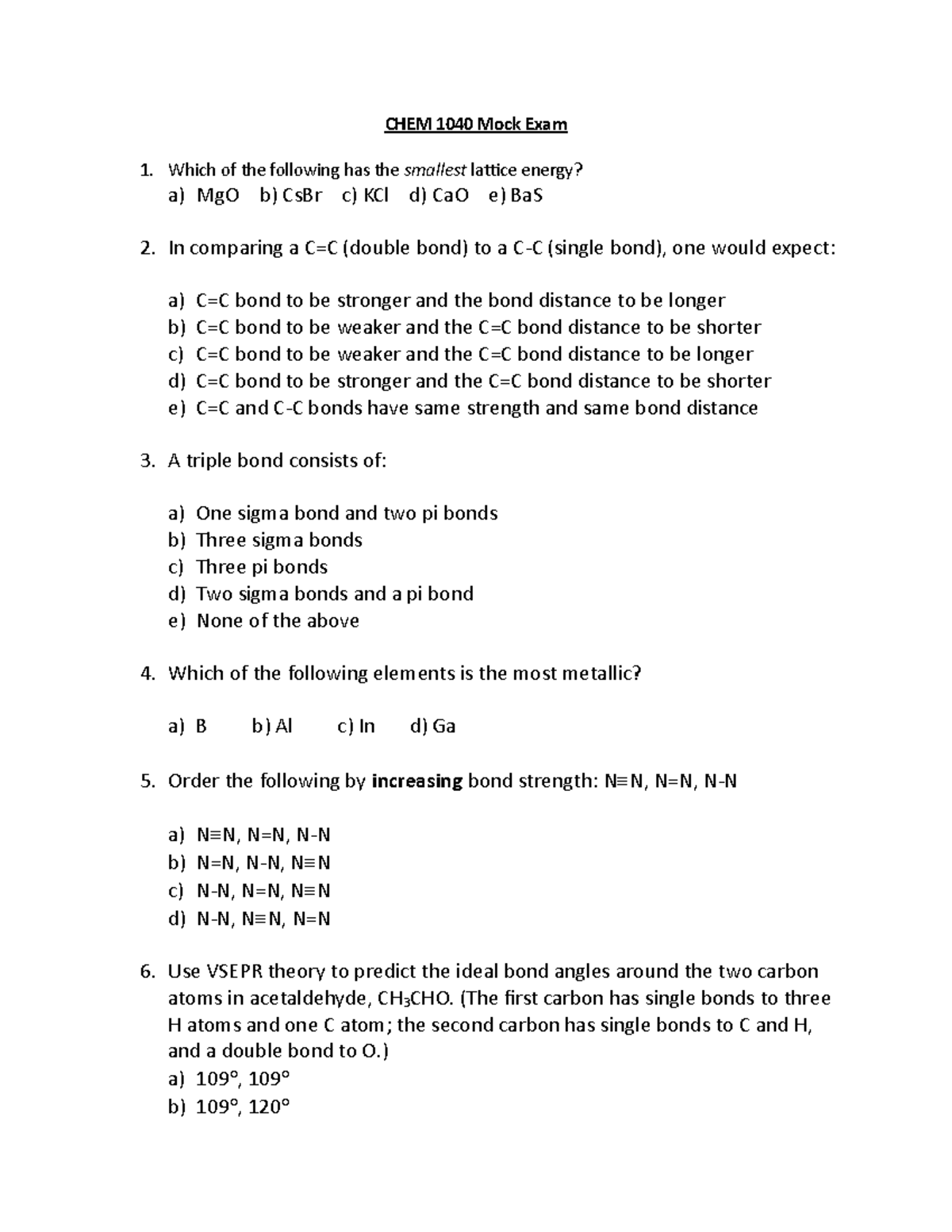 Mock exam for chemistry semester exam - CHEM 1040 Mock Exam Which of ...