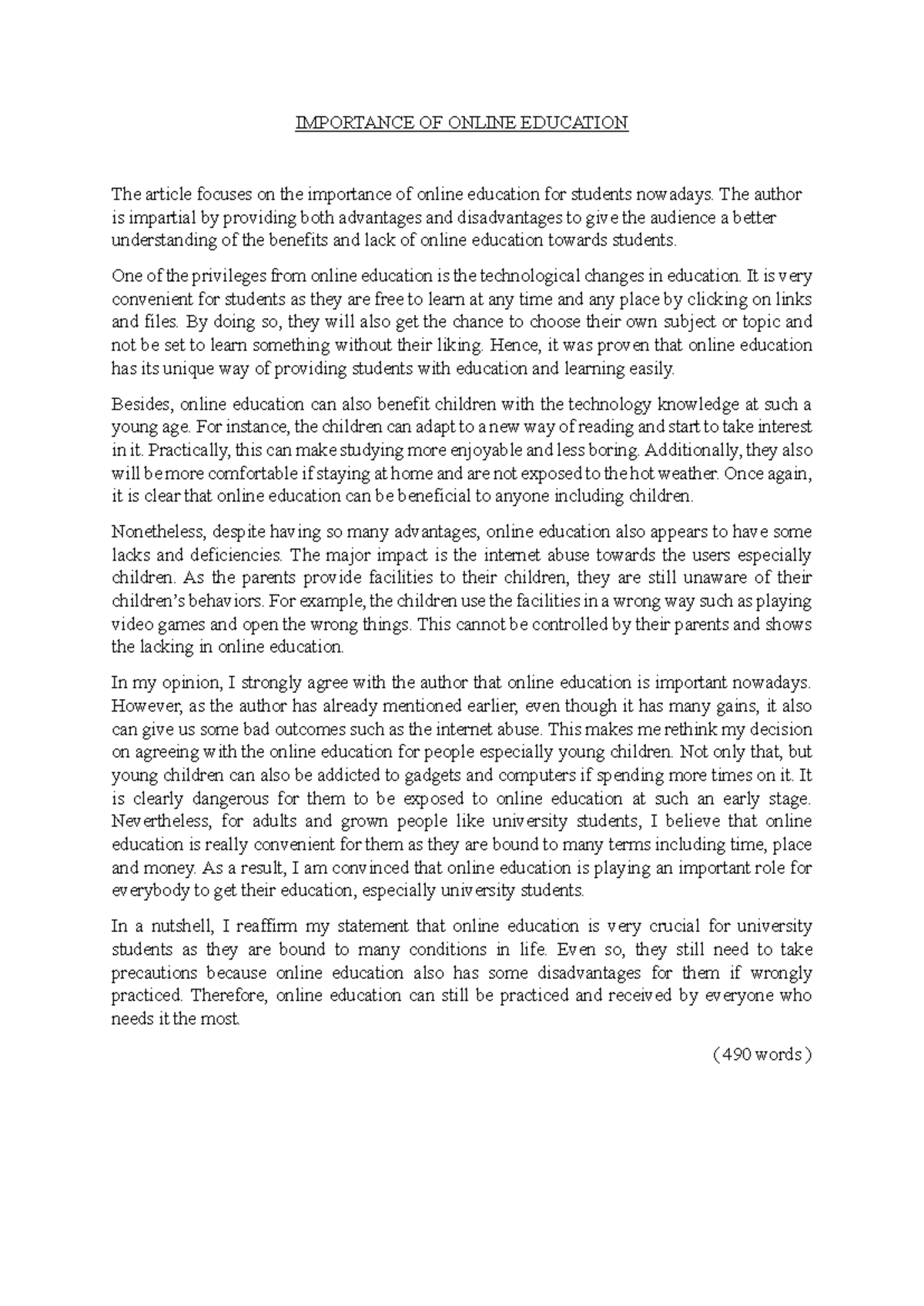 Argumentative Essay ( ELC231 ) - IMPORTANCE OF ONLINE EDUCATION The ...