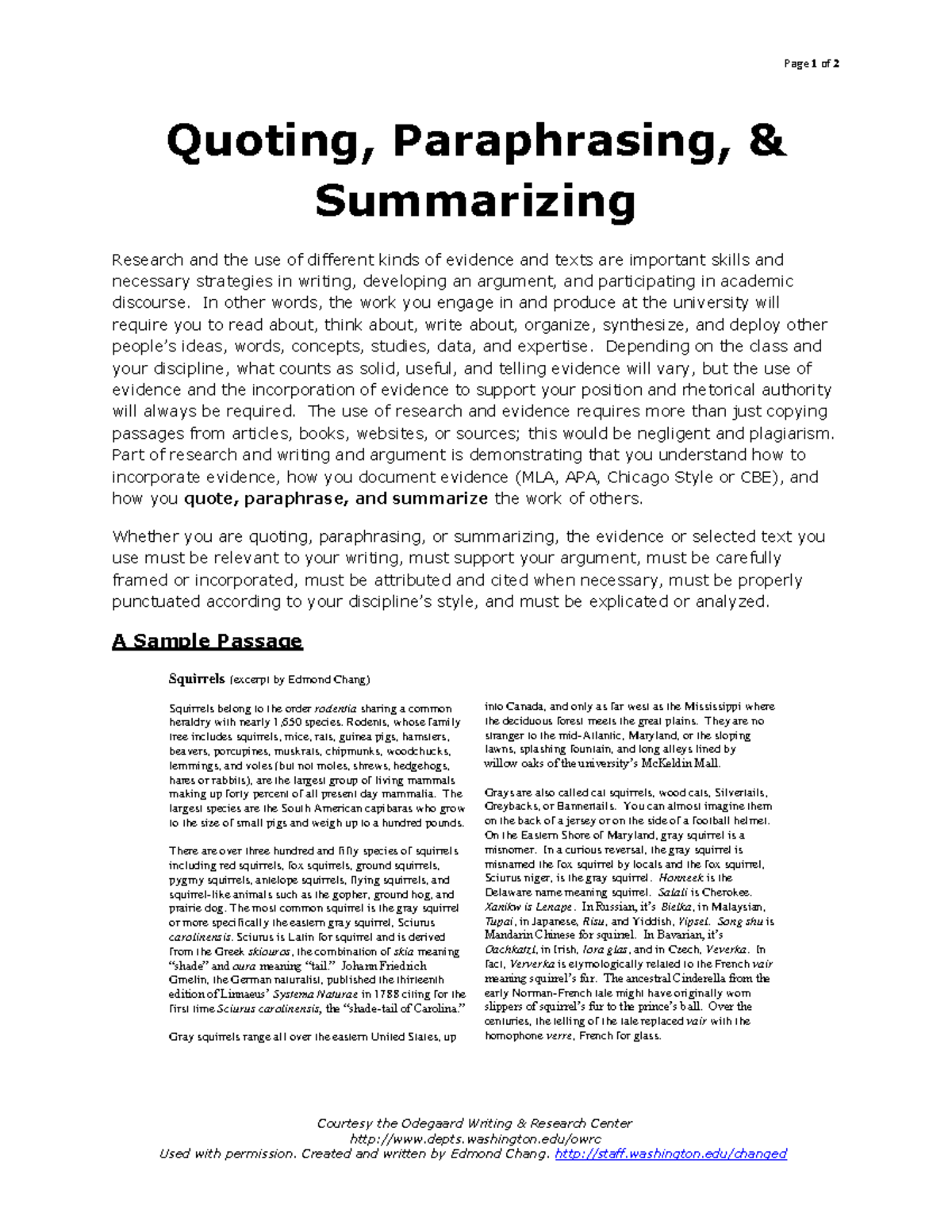 Quoting-Paraphrasing-Summarzing - Page 1 of 2 Courtesy the Odegaard ...