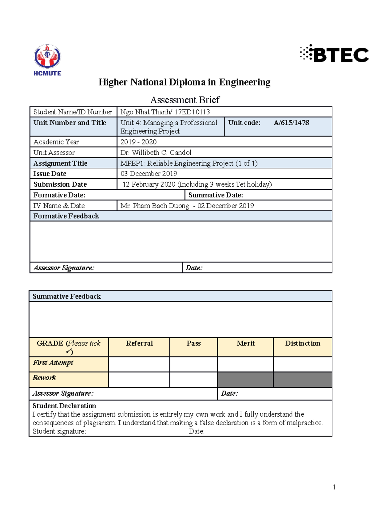 Managing Professional Engineering Project - Higher National Diploma in ...