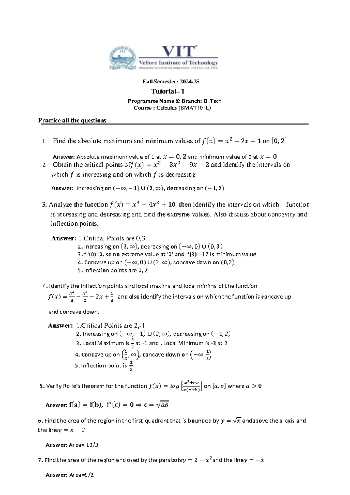 BMAT101L-Calculus-Tutorial 1 - Fall Semester: 2024- Tutorial– 1 ...