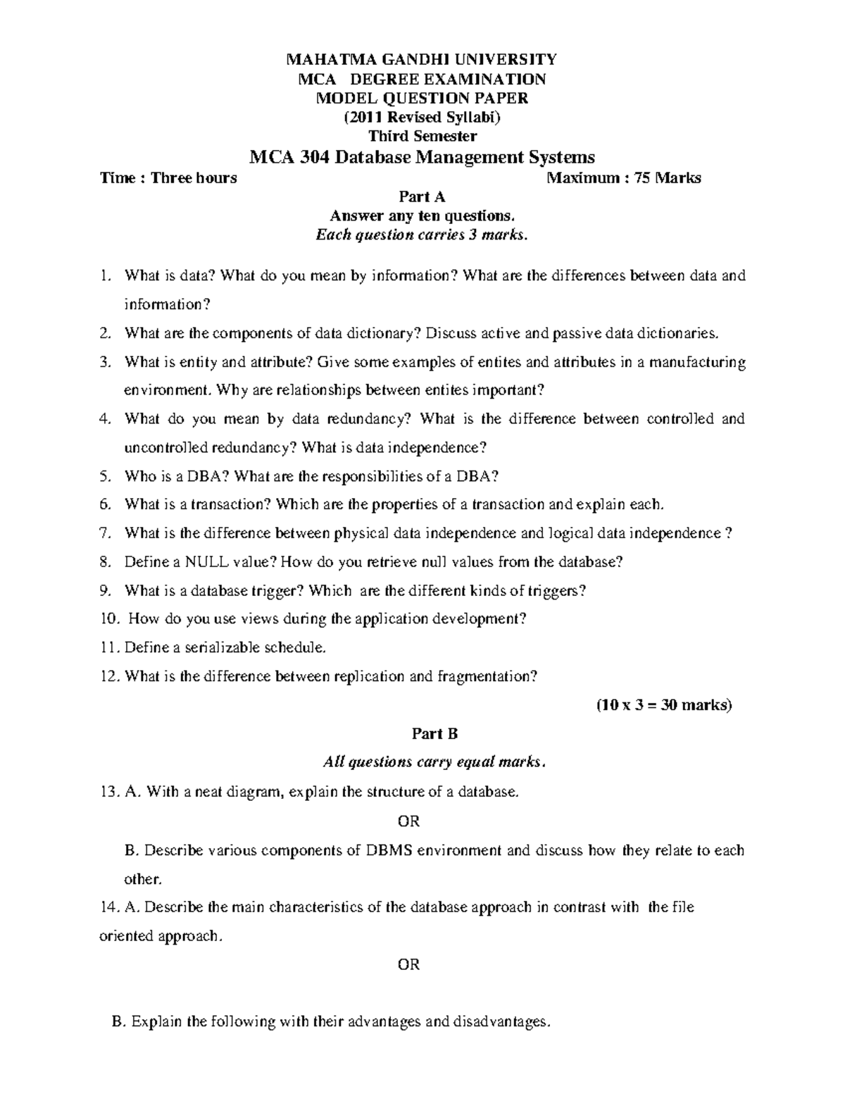MCA-304-DBMS Model Qn - Use for DBMS RECORD - MAHATMA GANDHI UNIVERSITY MCA DEGREE EXAMINATION ...