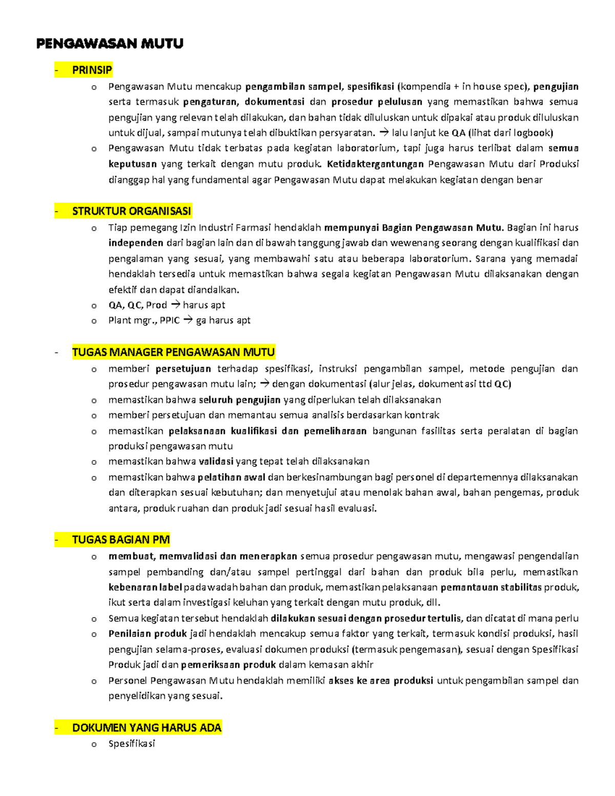 Pengawasan Mutu - → lalu lanjut ke QA (lihat dari logbook) o Pengawasan ...