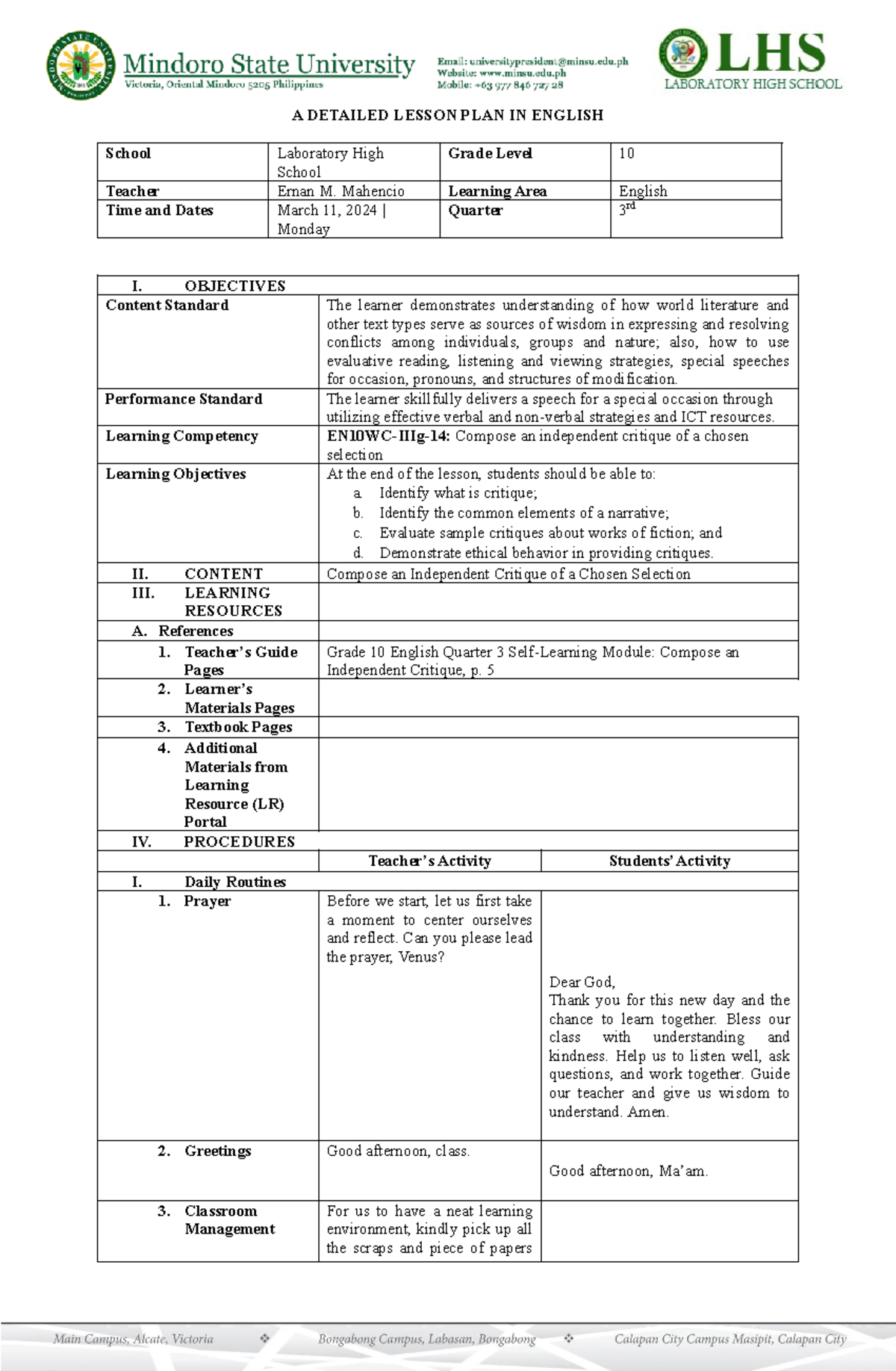 Critique - this is a detailed lesson plan - A DETAILED LESSON PLAN IN ...