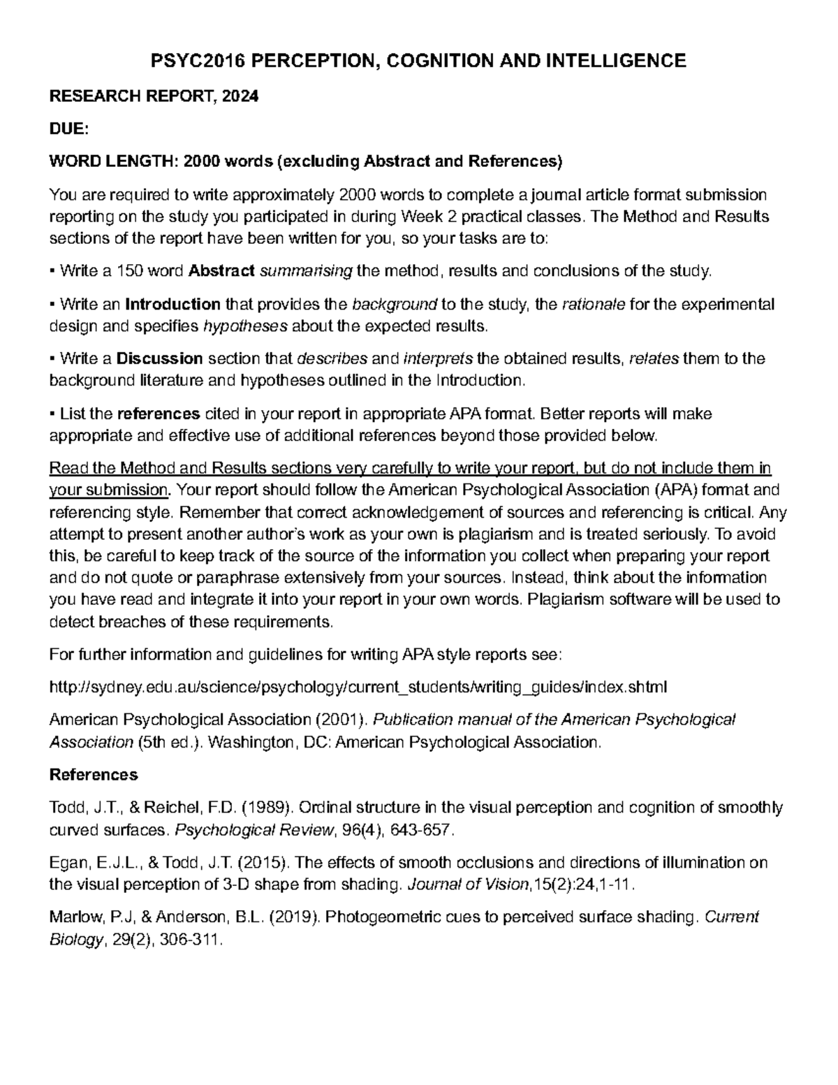 Tutorial Methods Results Handout 2-1 - PSYC2016 PERCEPTION, COGNITION AND INTELLIGENCE RESEARCH ...
