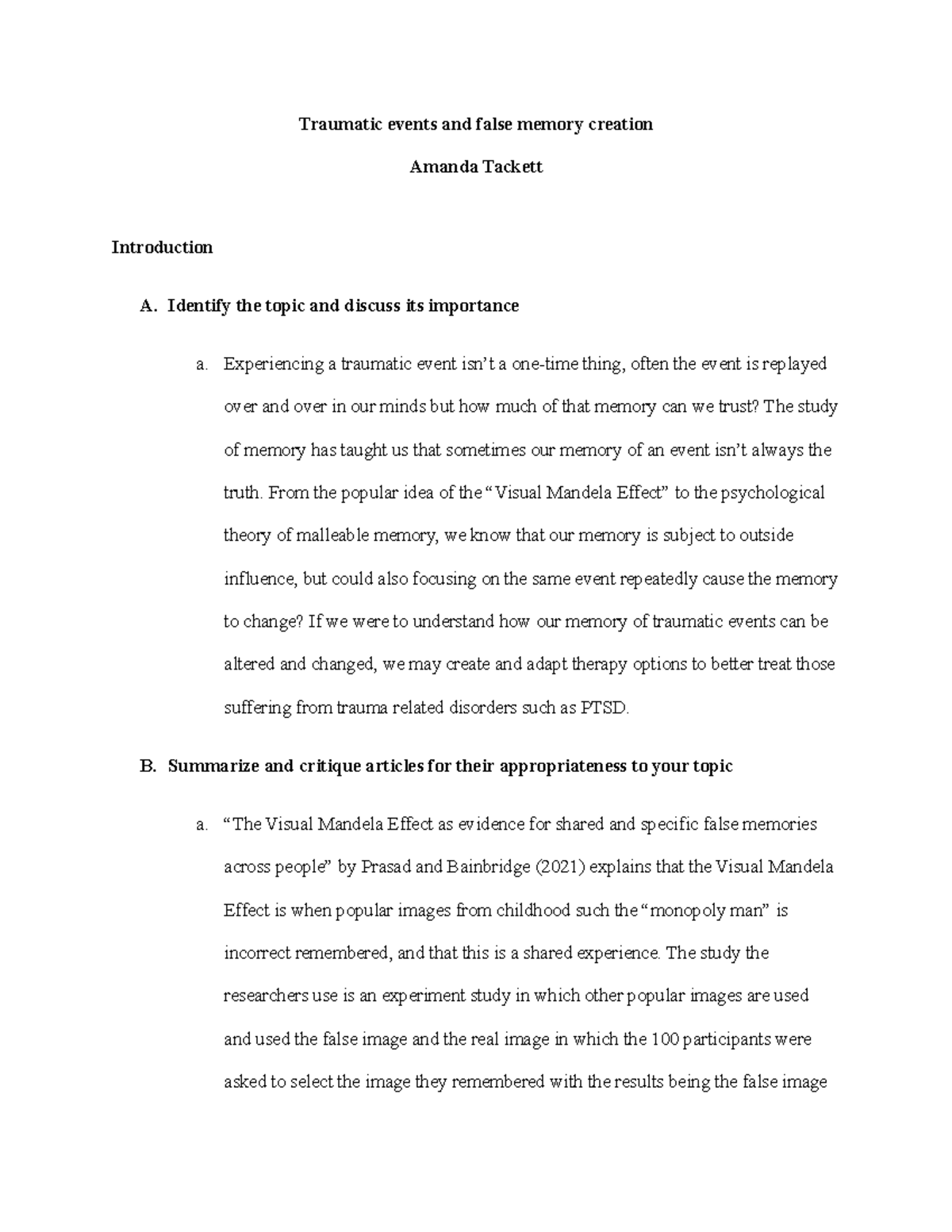 5-2 Proposal outline - Traumatic events and false memory creation ...