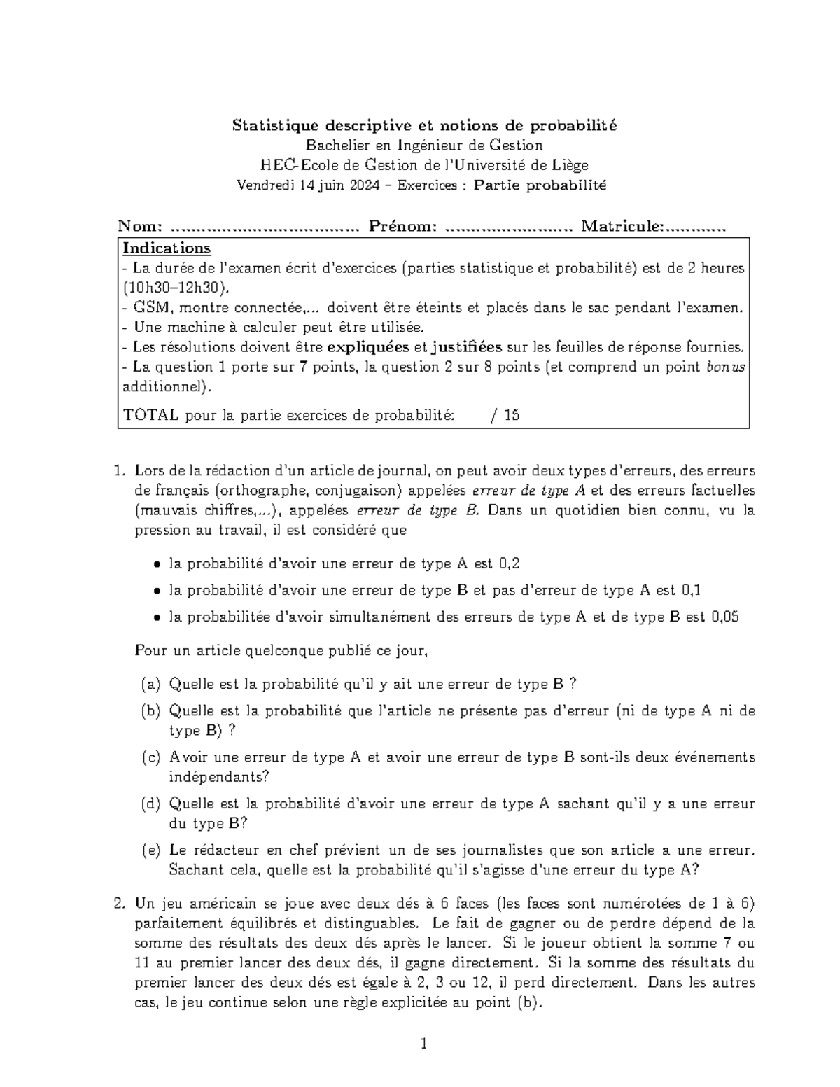 Examenjuin 2324 Exercices Proba - Statistique descriptive et notions de probabilit ́e Bachelier ...