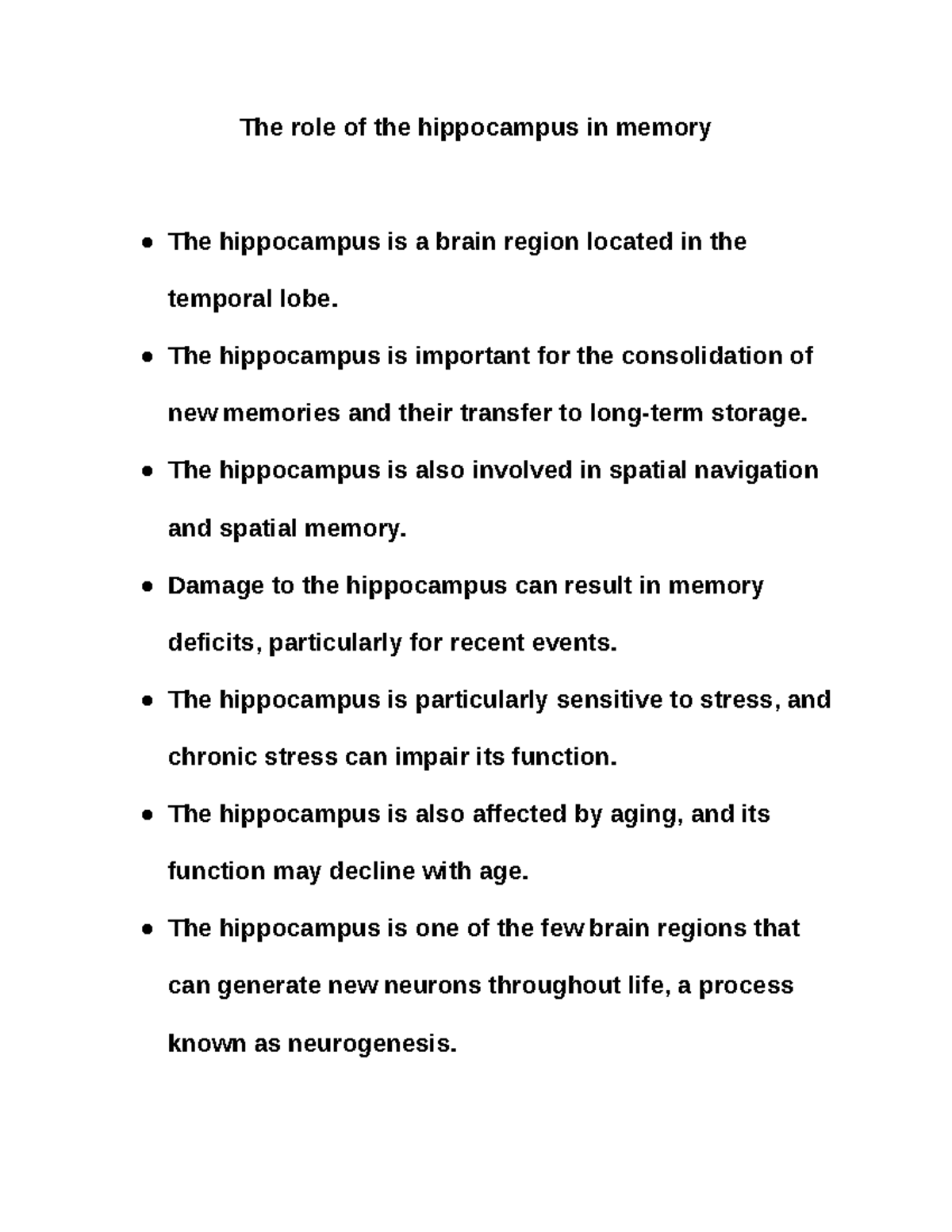 The role of the hippocampus in memory - Google Docs - The role of the ...