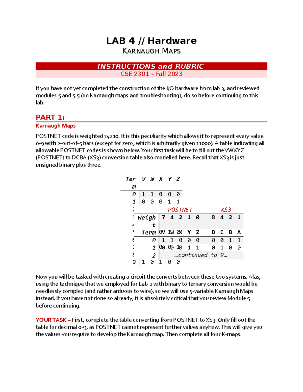 Lab4 Postnet Cse2301 F23 Lab 4 Hardware Karnaugh Maps Instructions And Rubric Cse 2301