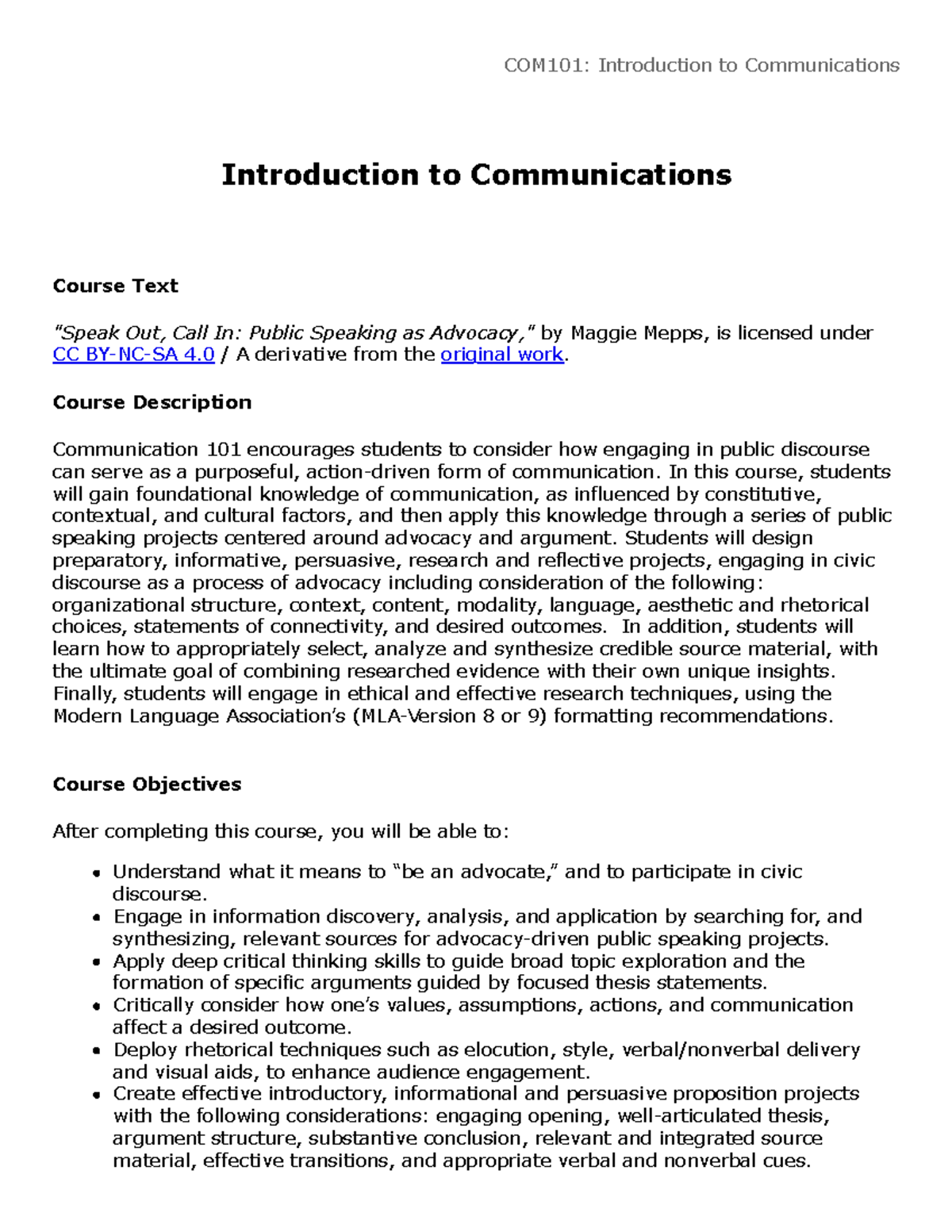 Com 101 - lecture notes - COM101: Introduction to Communications ...