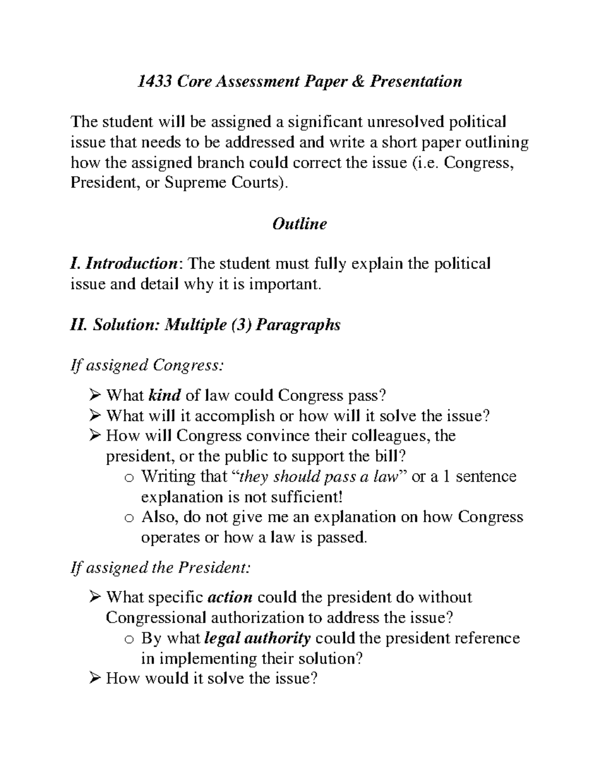 1433 Core Assessment Paper F23 - Congress, President, or Supreme Courts ...