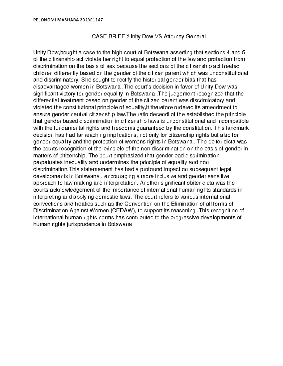 CASE Brief - PELONOMI MASHABA 202301147 CASE BRIEF :Unity Dow VS ...