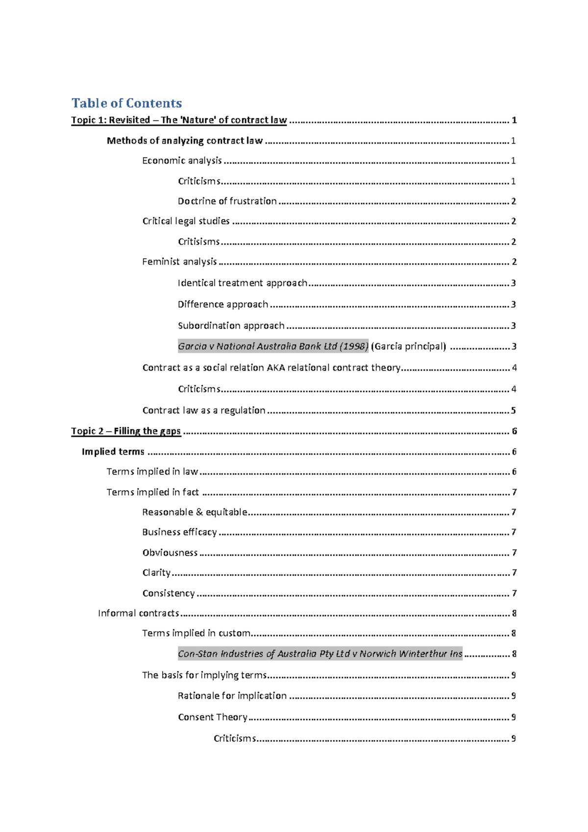 Contract law ii study notes table of contents - Table of Contents Topic ...