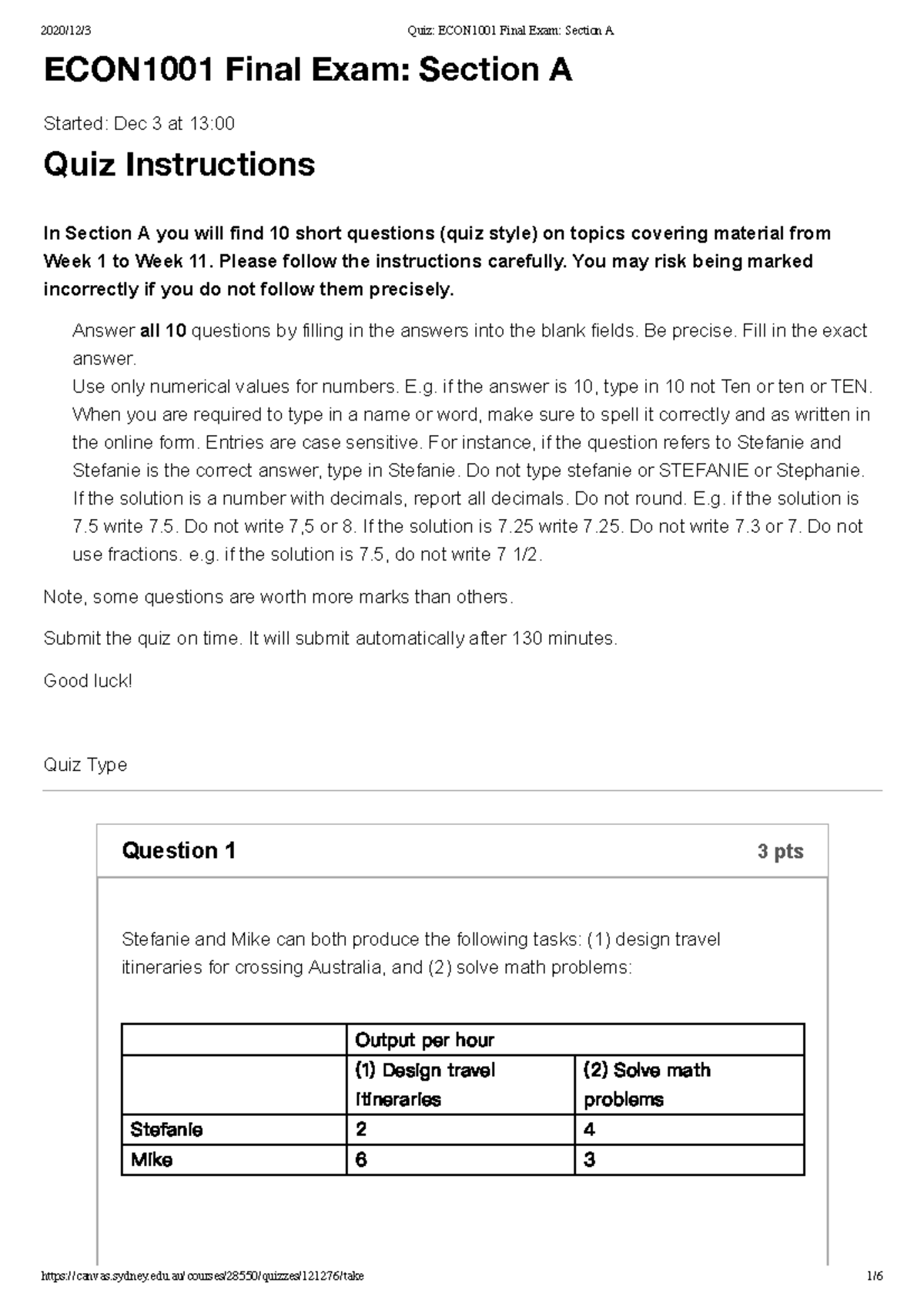 Quiz ECON1001 Final Exam Section A - ECON1001 Final Exam: Section A ...