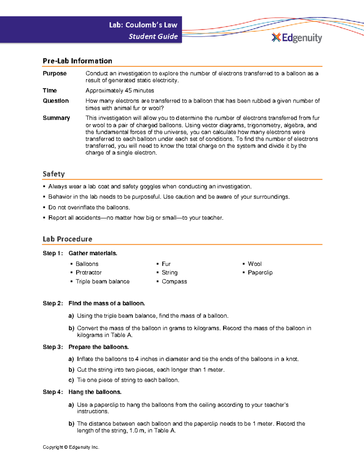 Wet Lab Guide - Coulomb's Law - Student - Lab: Coulomb’s Law Student ...
