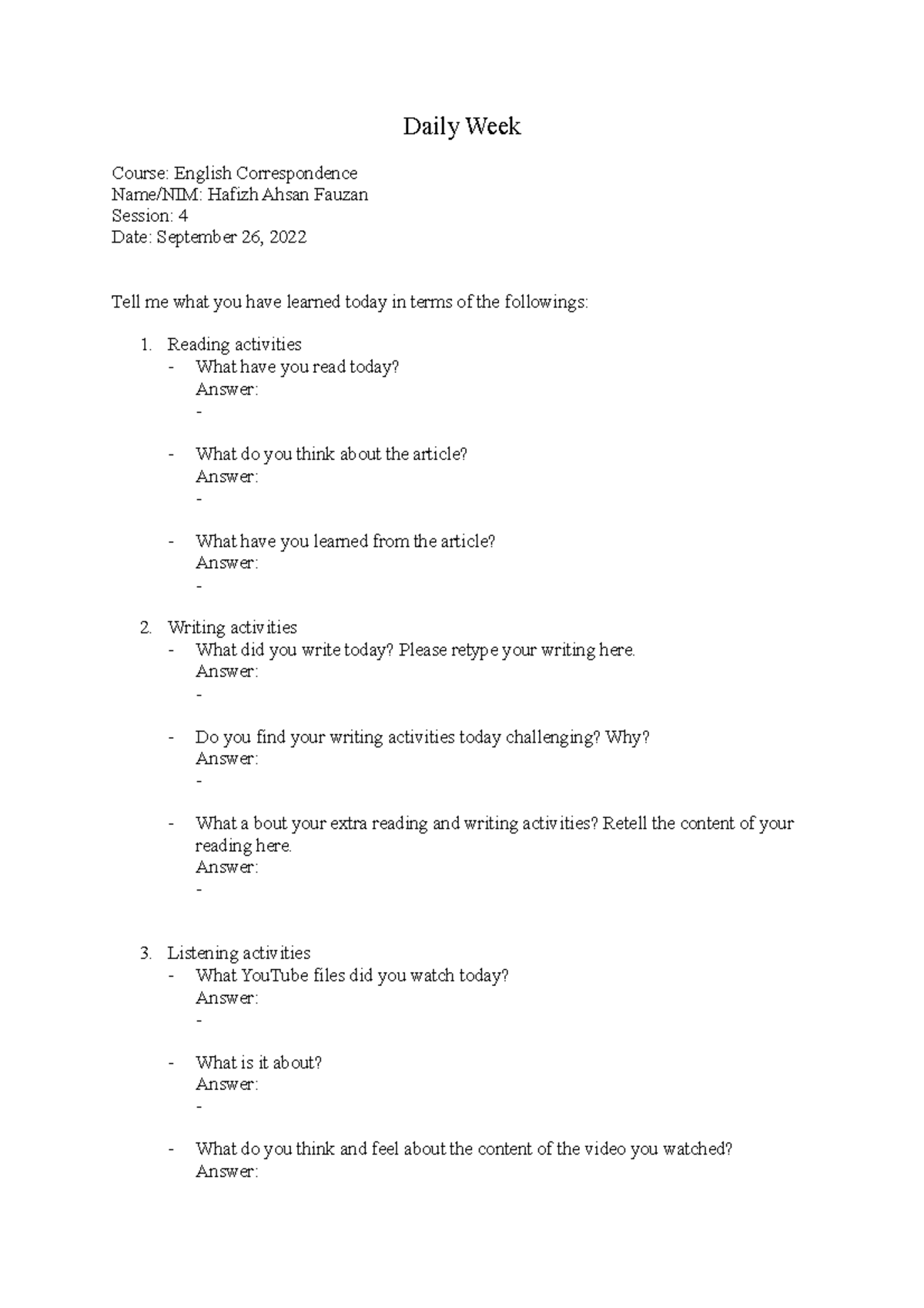 Daily journal at English Course to reflect student's understanding ...