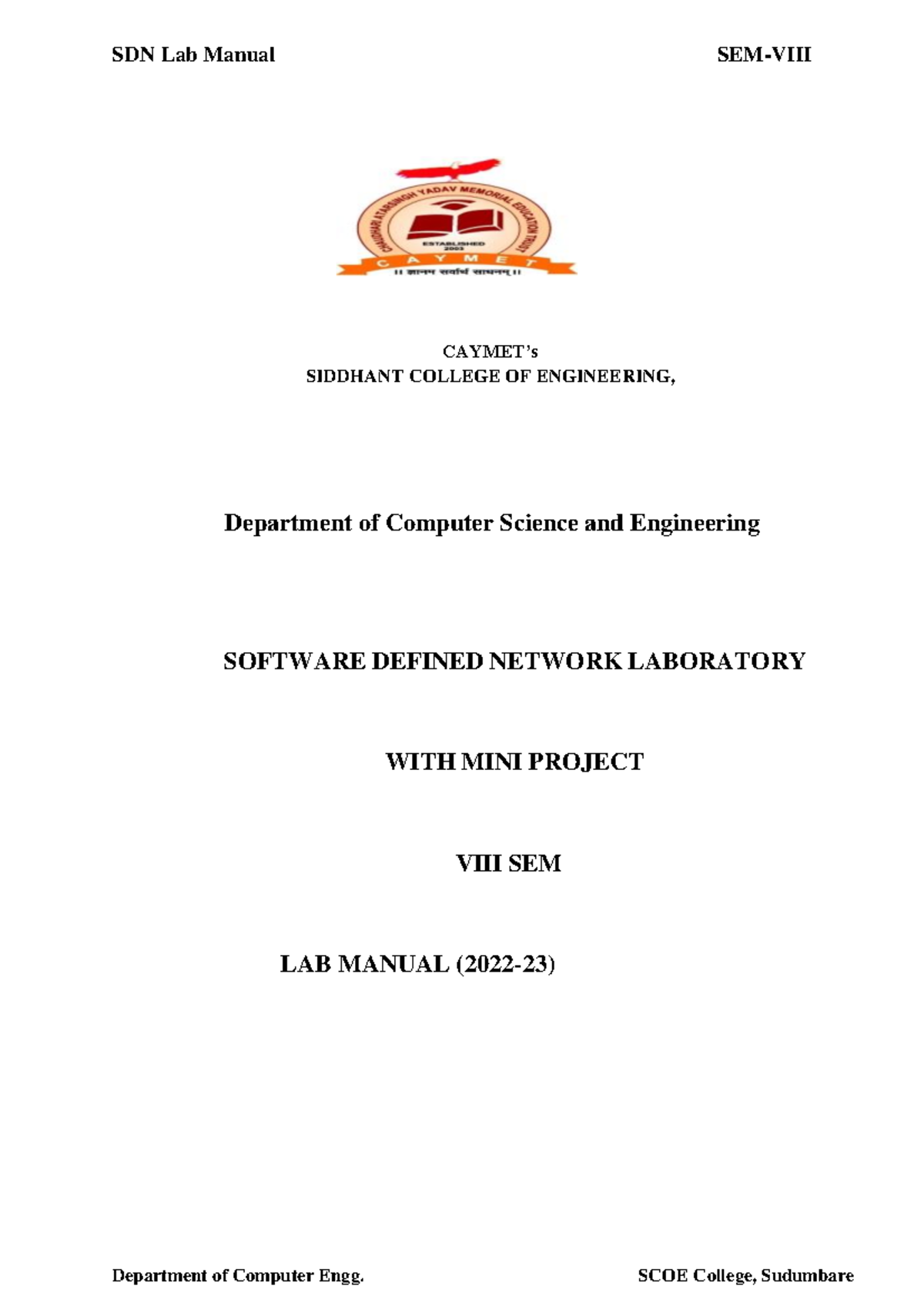 SDN Lab Manual 2019 Pat. 23-24 - CAYMET’s SIDDHANT COLLEGE OF ENGINEERING, Department of ...
