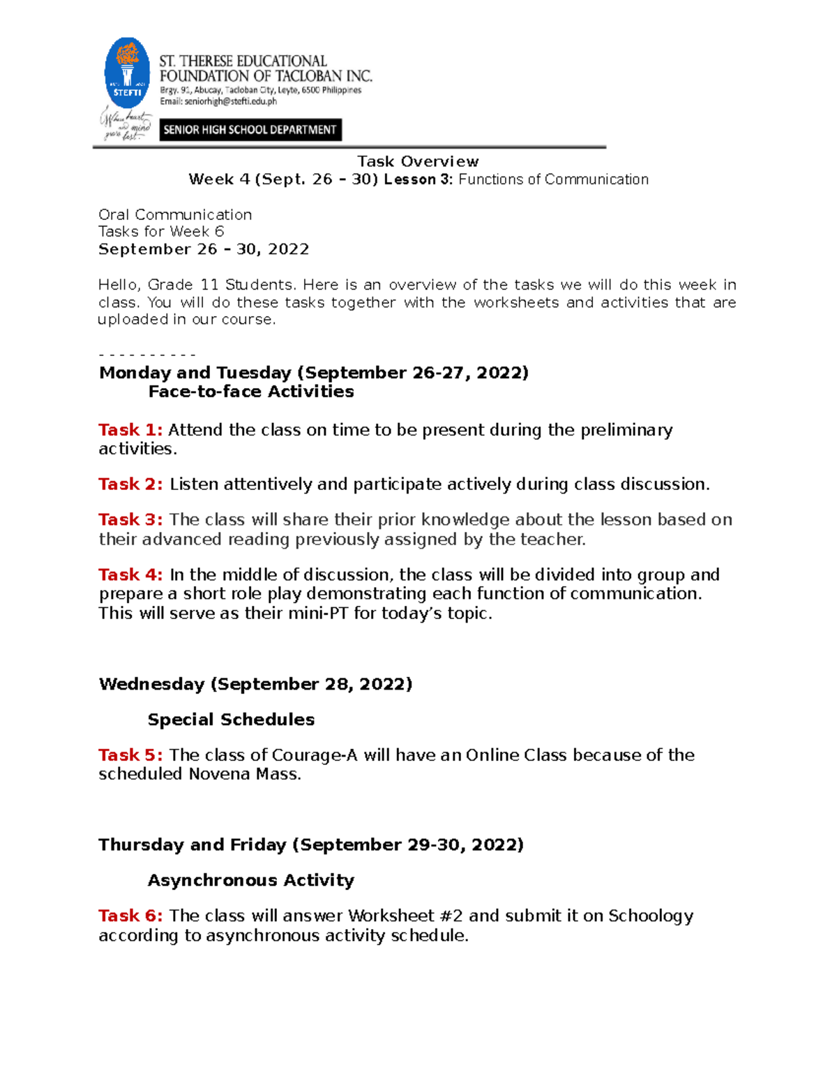 Week 6 - Task Overview - Task Overview Week 4 (Sept. 26 – 30) Lesson 3 ...