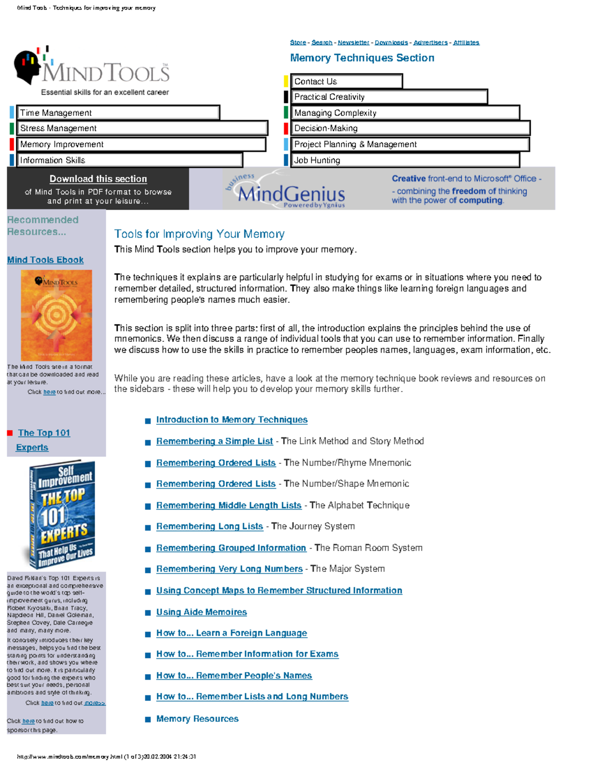 Mind Tools - Techniques for improving your memory - .. Recommended ...