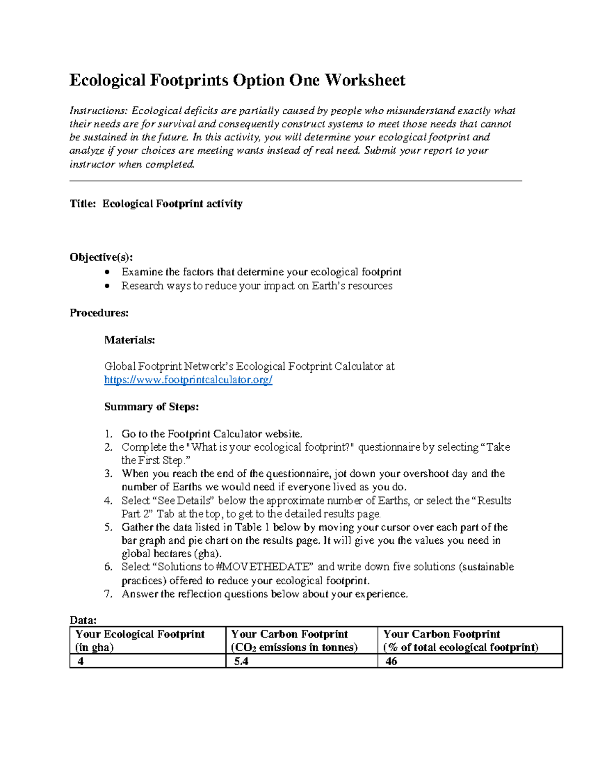 Ecological footprints worksheet option one - Ecological Footprints ...
