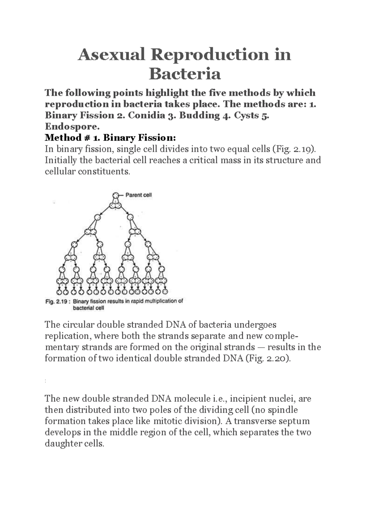 Asexual Reproduction - The methods are: 1. Binary Fission 2. Conidia 3 ...