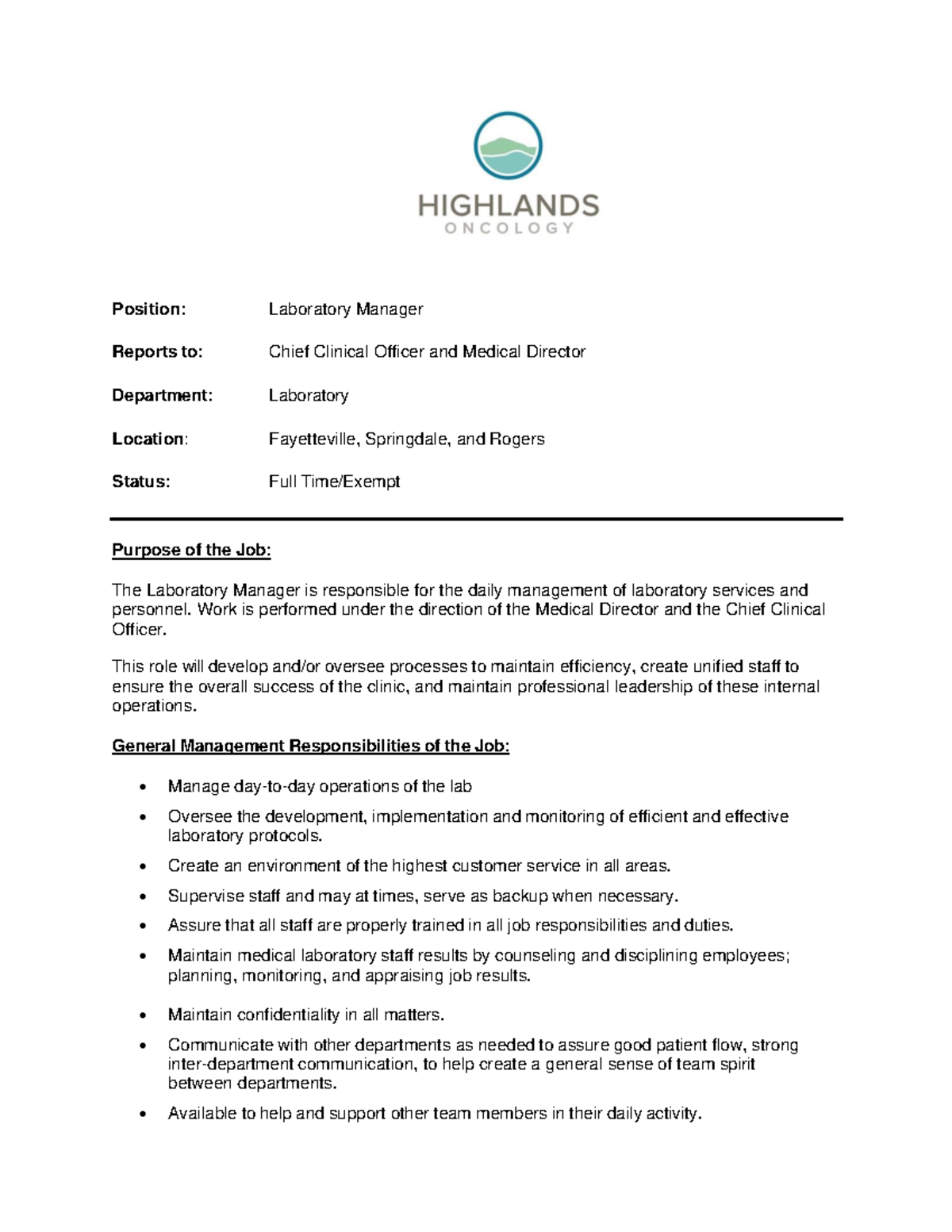 Laboratory description - Position: Laboratory Manager Reports to: Chief ...