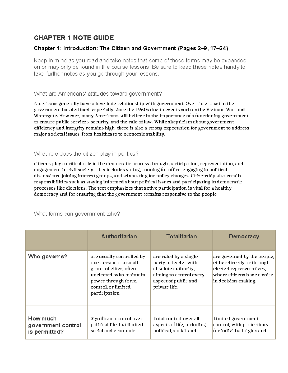 Chap1noteguide - AP Government Chapter 1 Note guide - CHAPTER 1 NOTE ...
