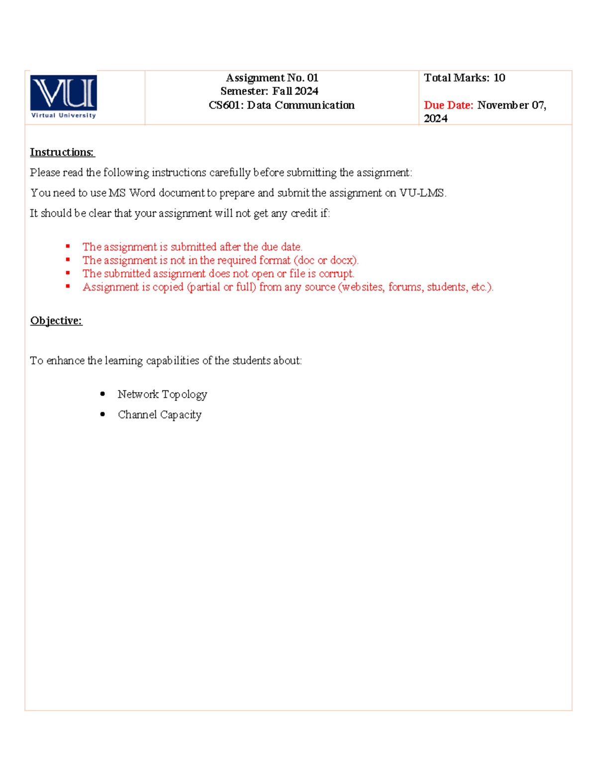 Fall 2024 CS601 1 - Assignment No. 01 Semester: Fall 2024 CS601: Data Communication Total Marks ...