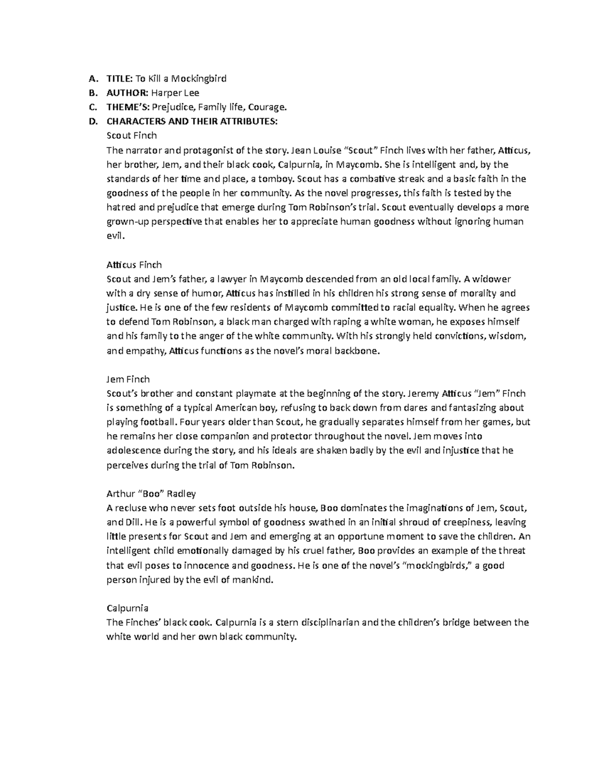 TO KILL THE Mockingbird - A. TITLE: To Kill a Mockingbird B. AUTHOR ...