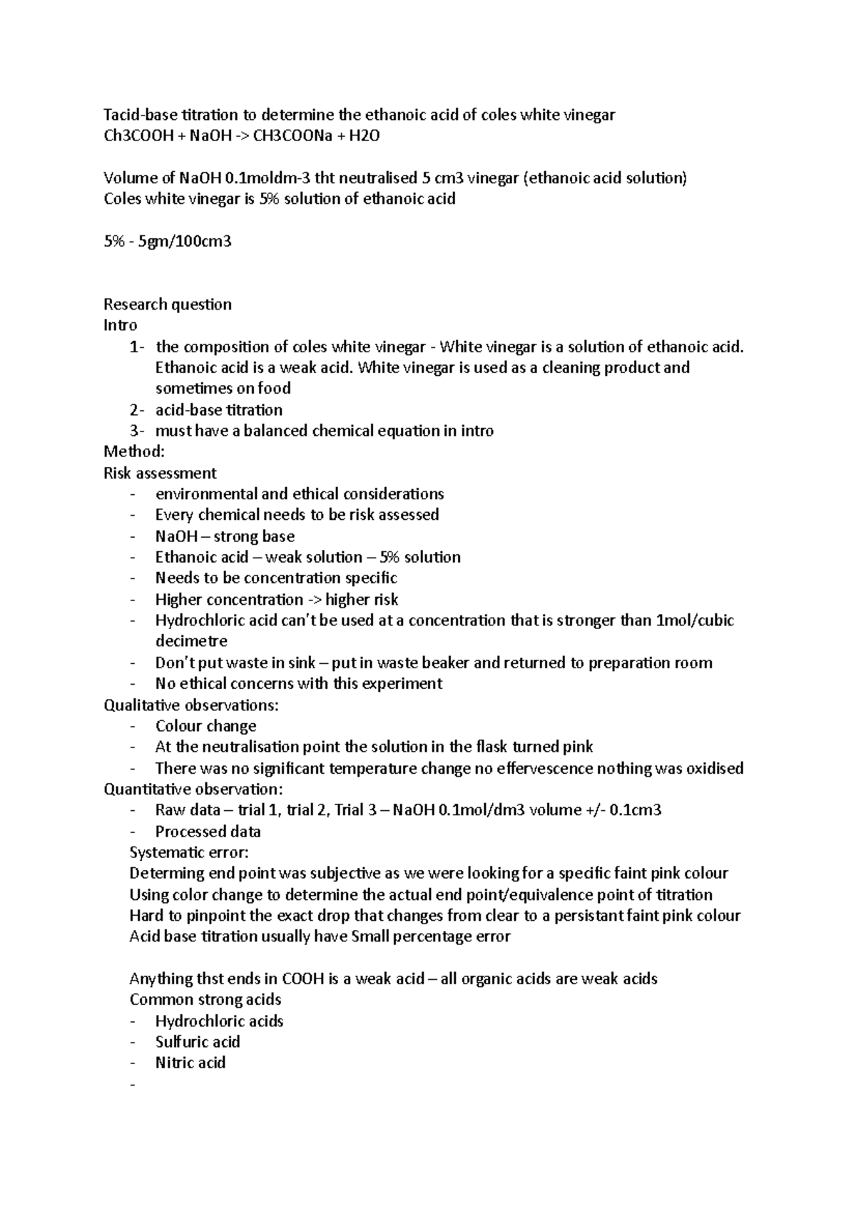 Chem notes - Tacid-base titration to determine the ethanoic acid of ...